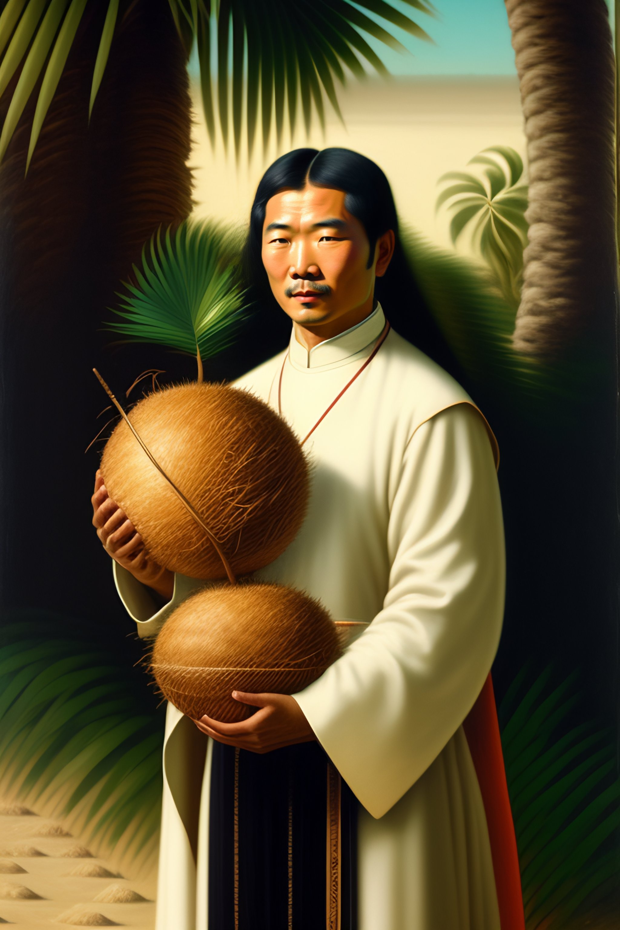 Lexica - Portrait of an Asian priest with a coconut in front of a palm tree