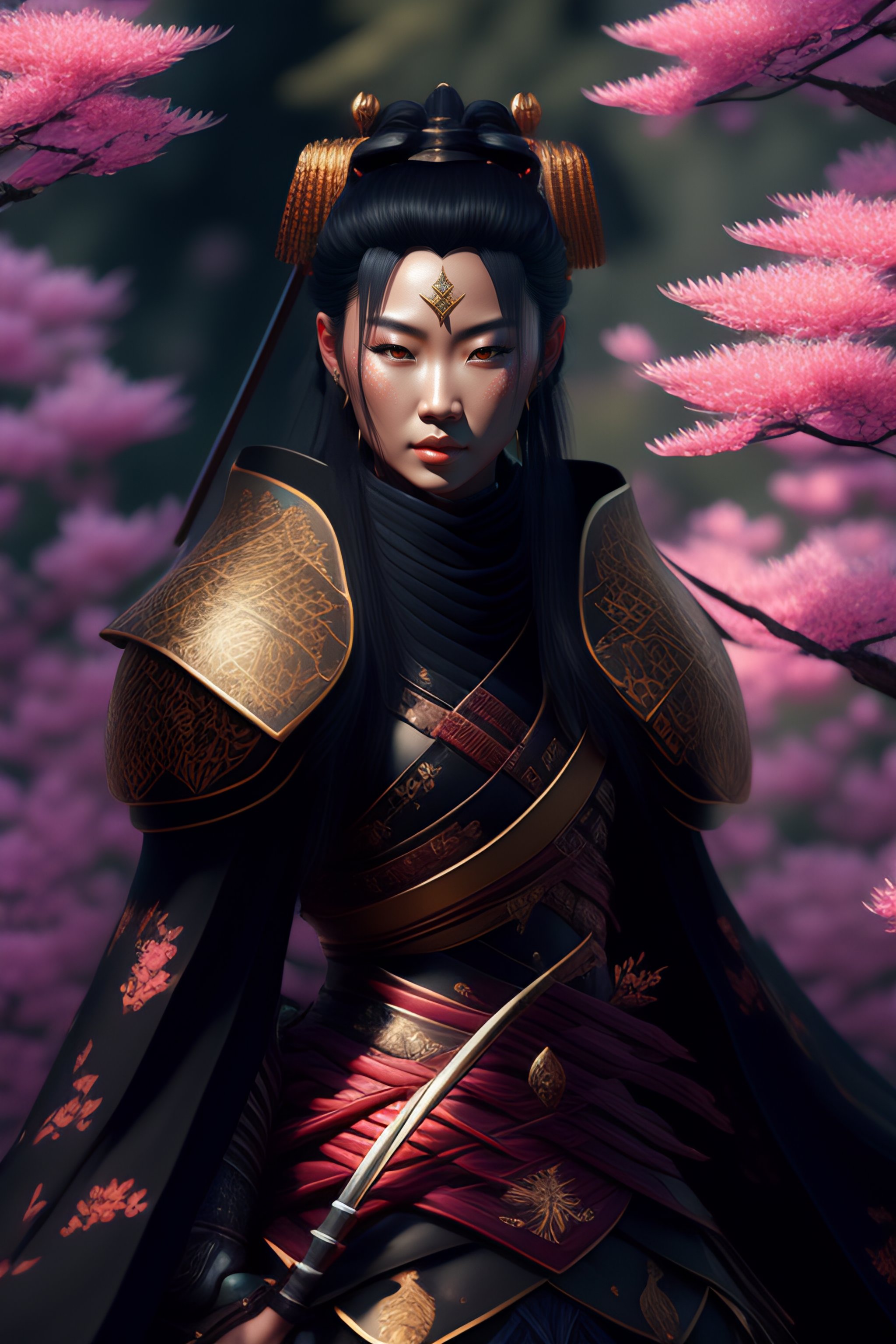 Lexica - Obsidian skined Samurai in a sakura alley, artstation ...