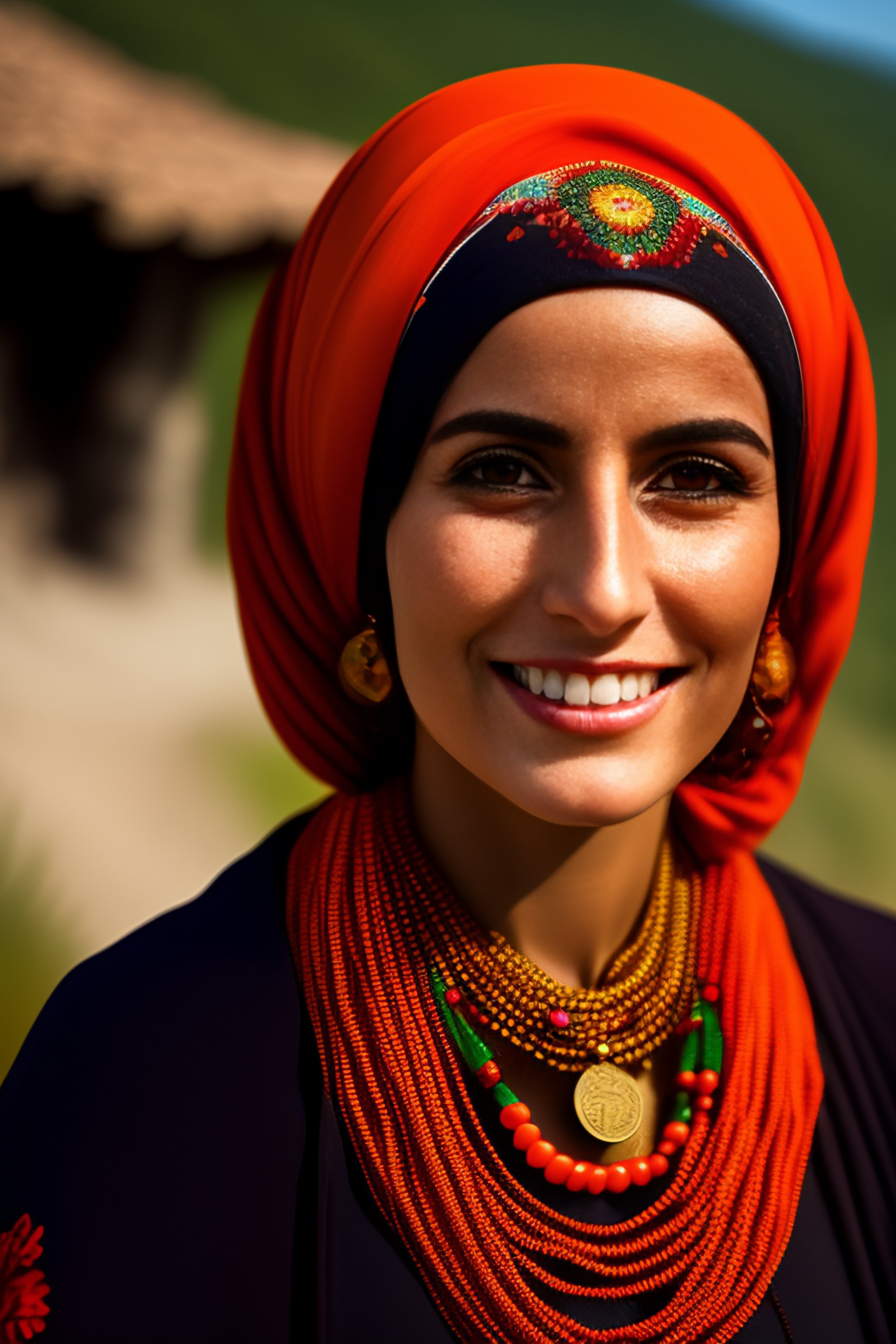 Lexica - A turkish yound smiling lady dressed in red shirt, black ...