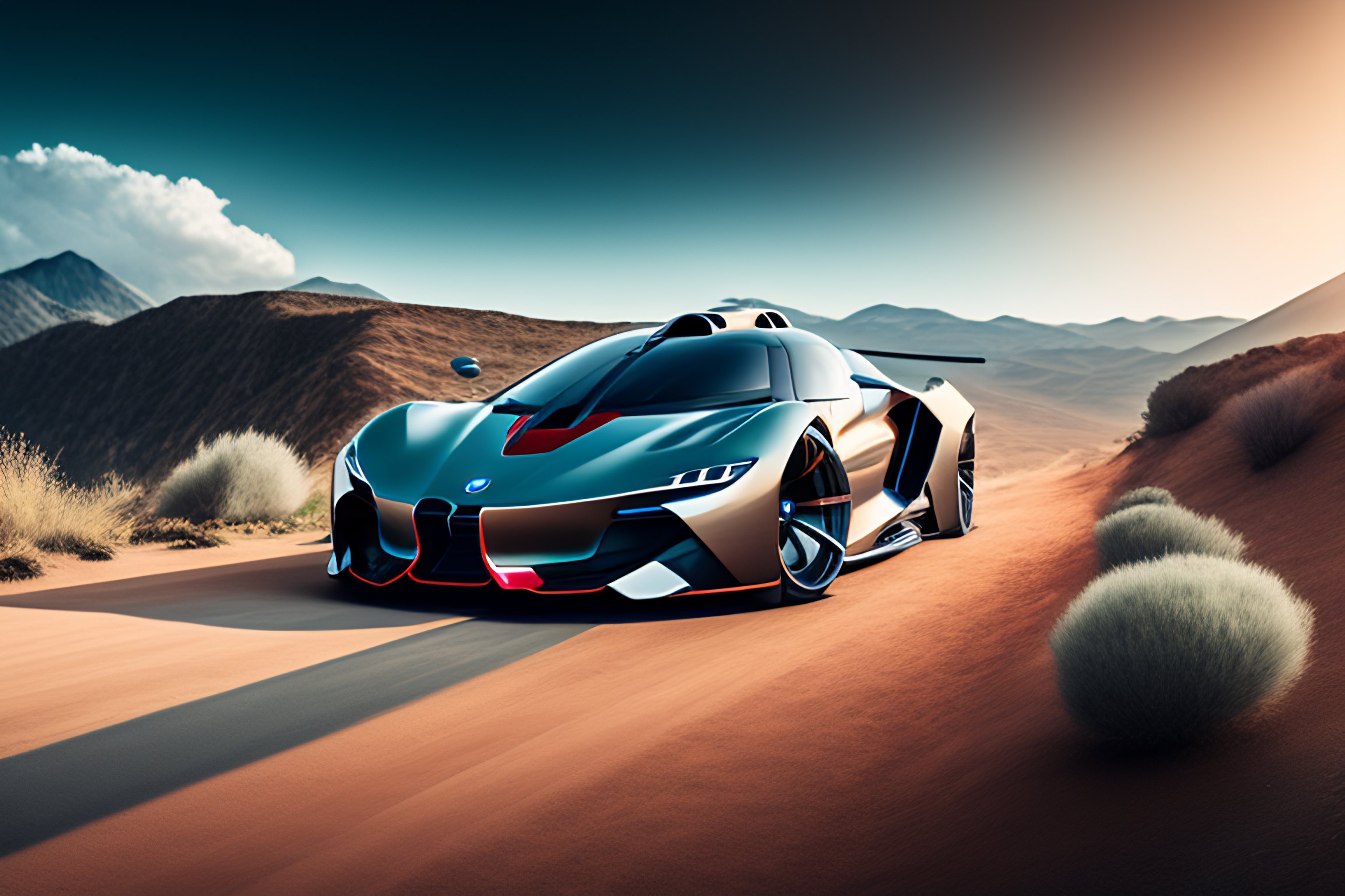Lexica - Photographer and futuristic BMW Supercar on a road