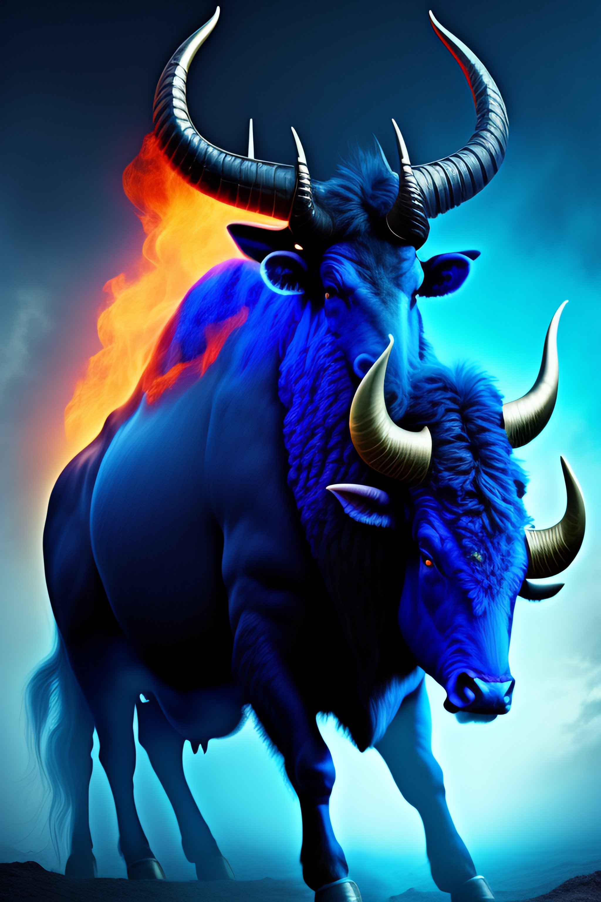Lexica - Devil with bull big horns in armor in blue flame