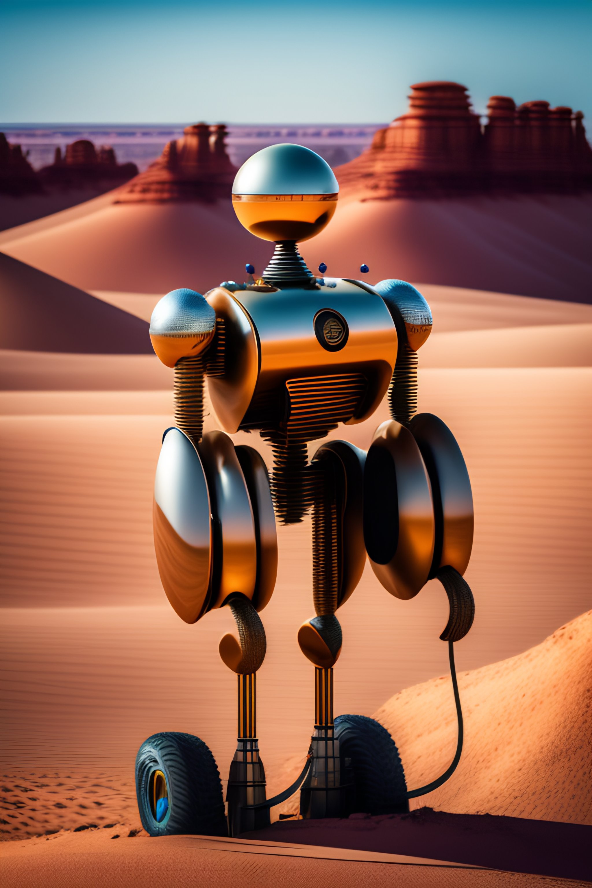 Lexica - Super frail alien model clinging to manly robot in the desert