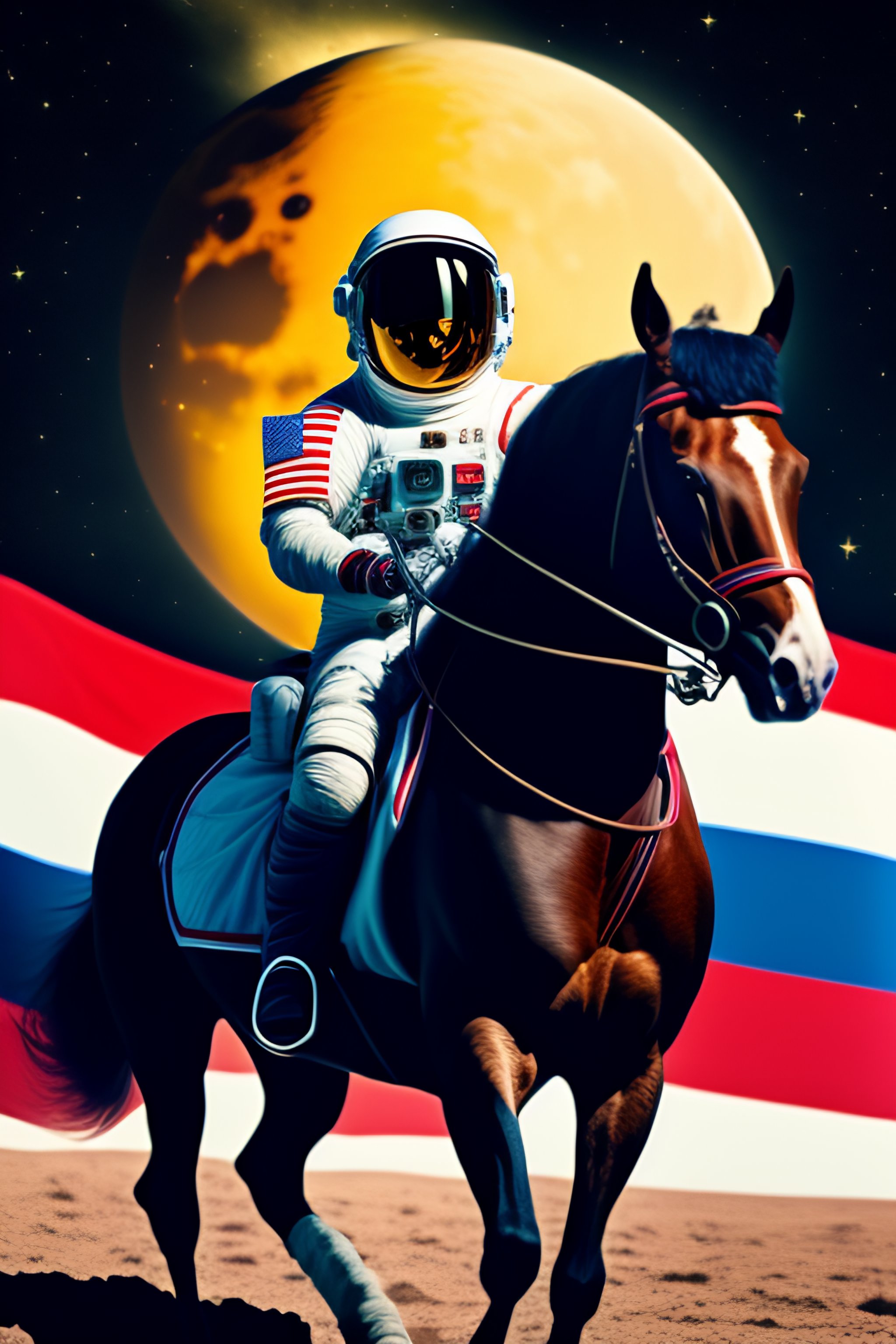 Lexica - Astronaut on the moon riding a horse with american flag and ...