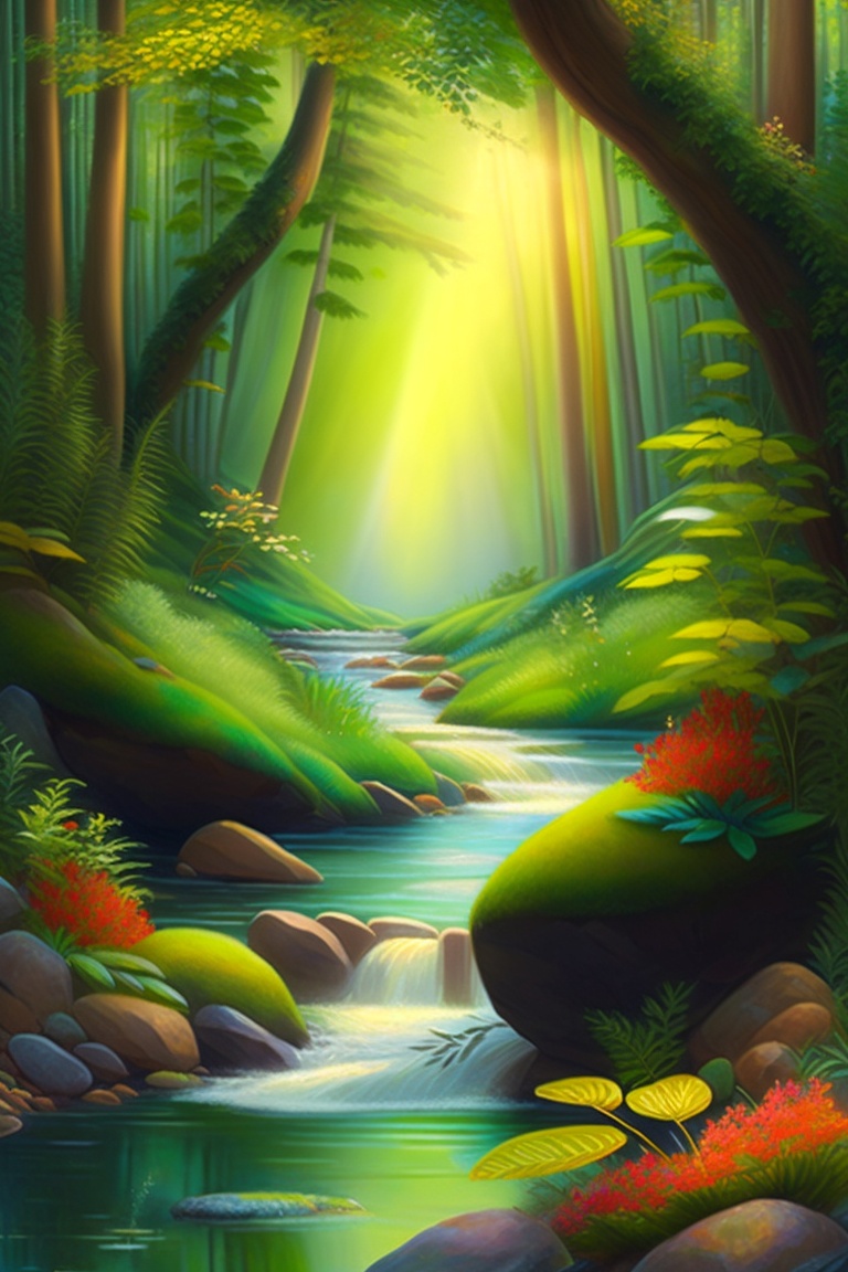 Lexica - In the lush forest, towering emerald trees stretch towards the ...