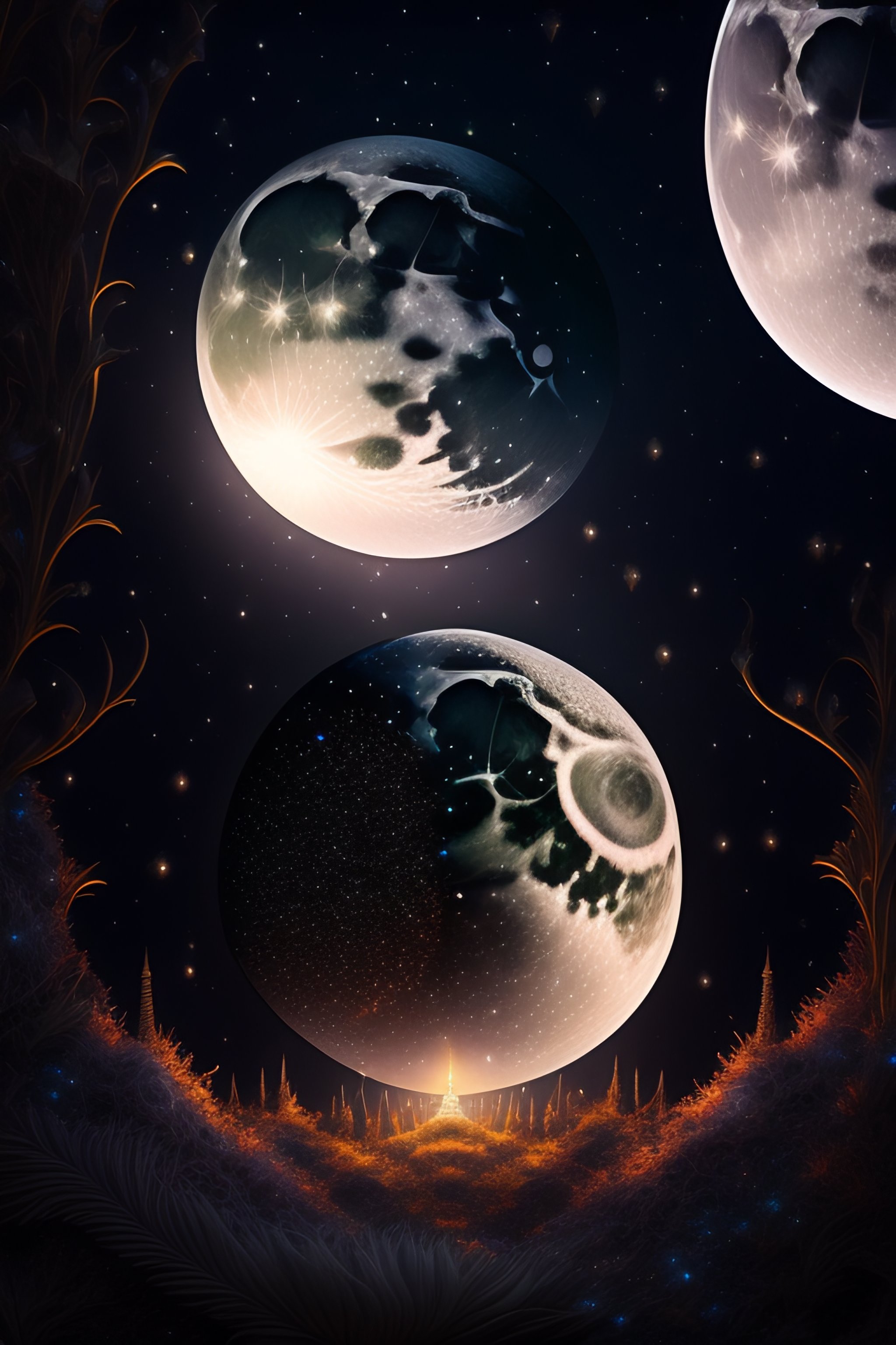 Lexica - Whimsical detailed fantasy one moon with black sky win stars ...