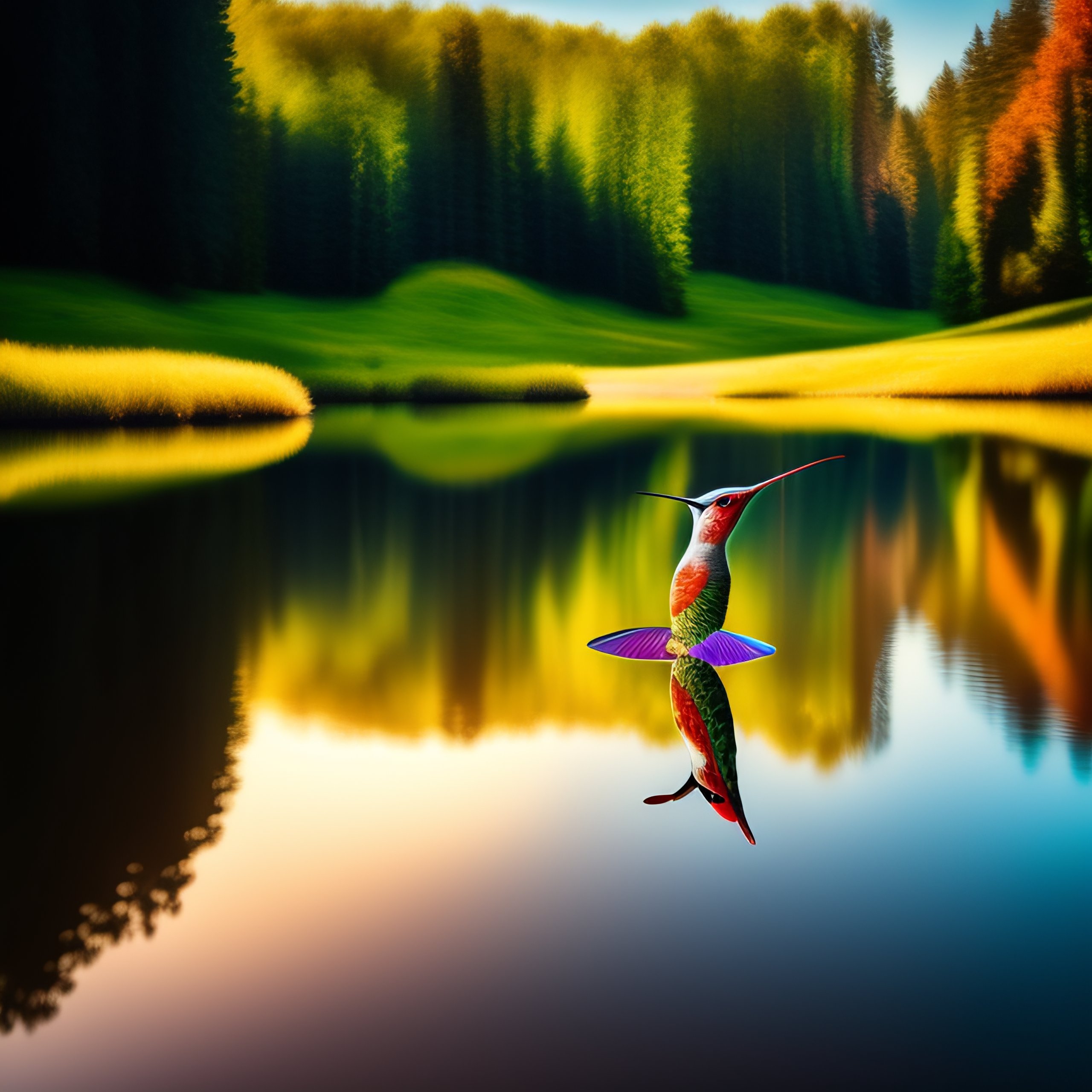 Lexica - Humming bird, plying over a lake with reflection hyper real