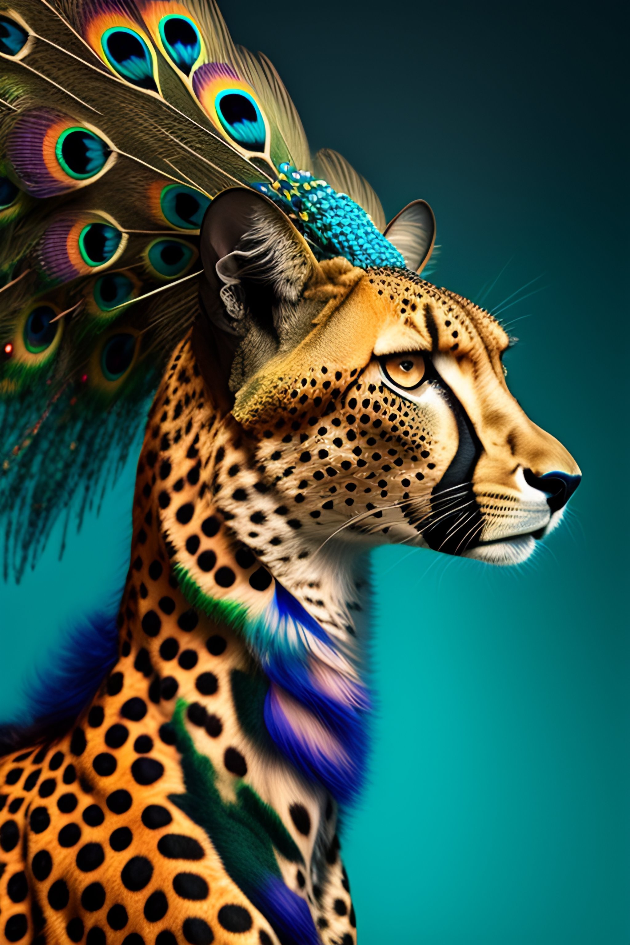 Lexica - A colored cheetah with a full body covered in peacock feathers ...