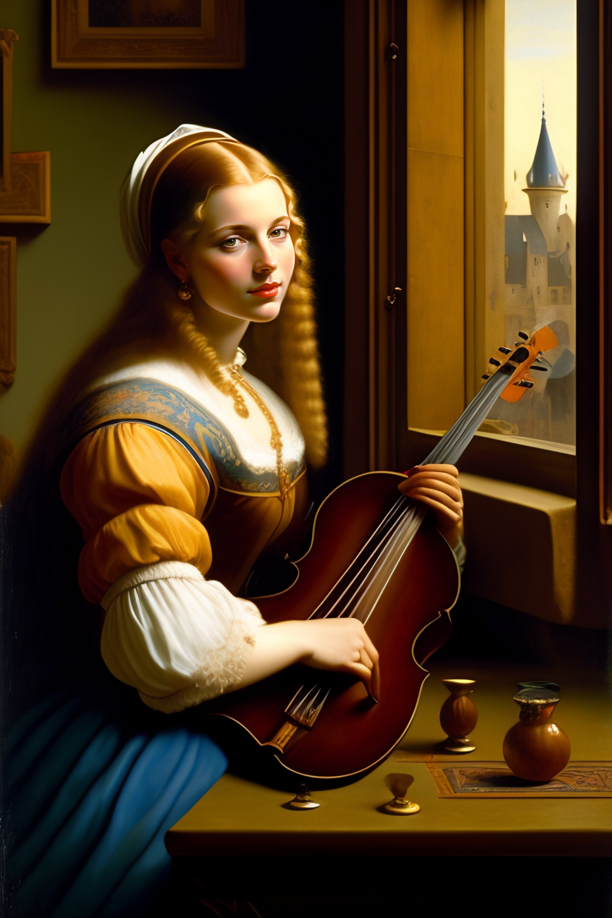 Lexica - Young lady playing lute, blond hair, window on her right ...