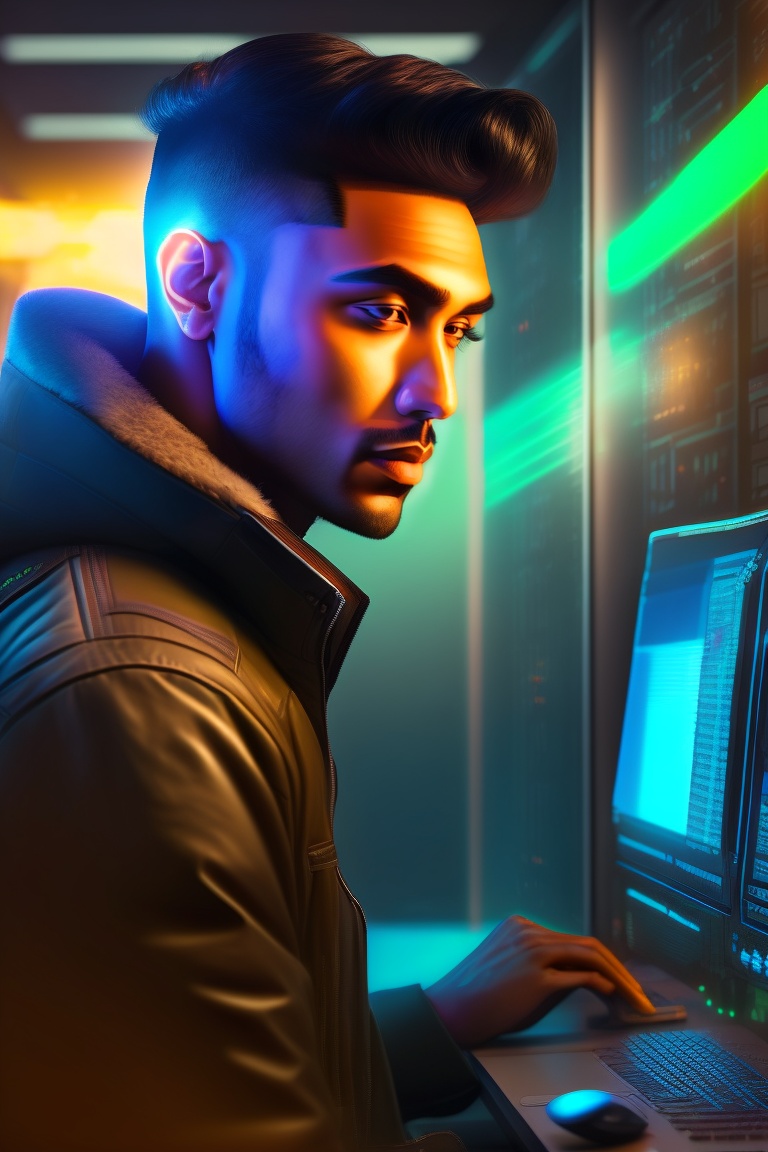 Lexica - An ethical hacker, Raj, in a dimly lit room surrounded by high-tech computers and ...