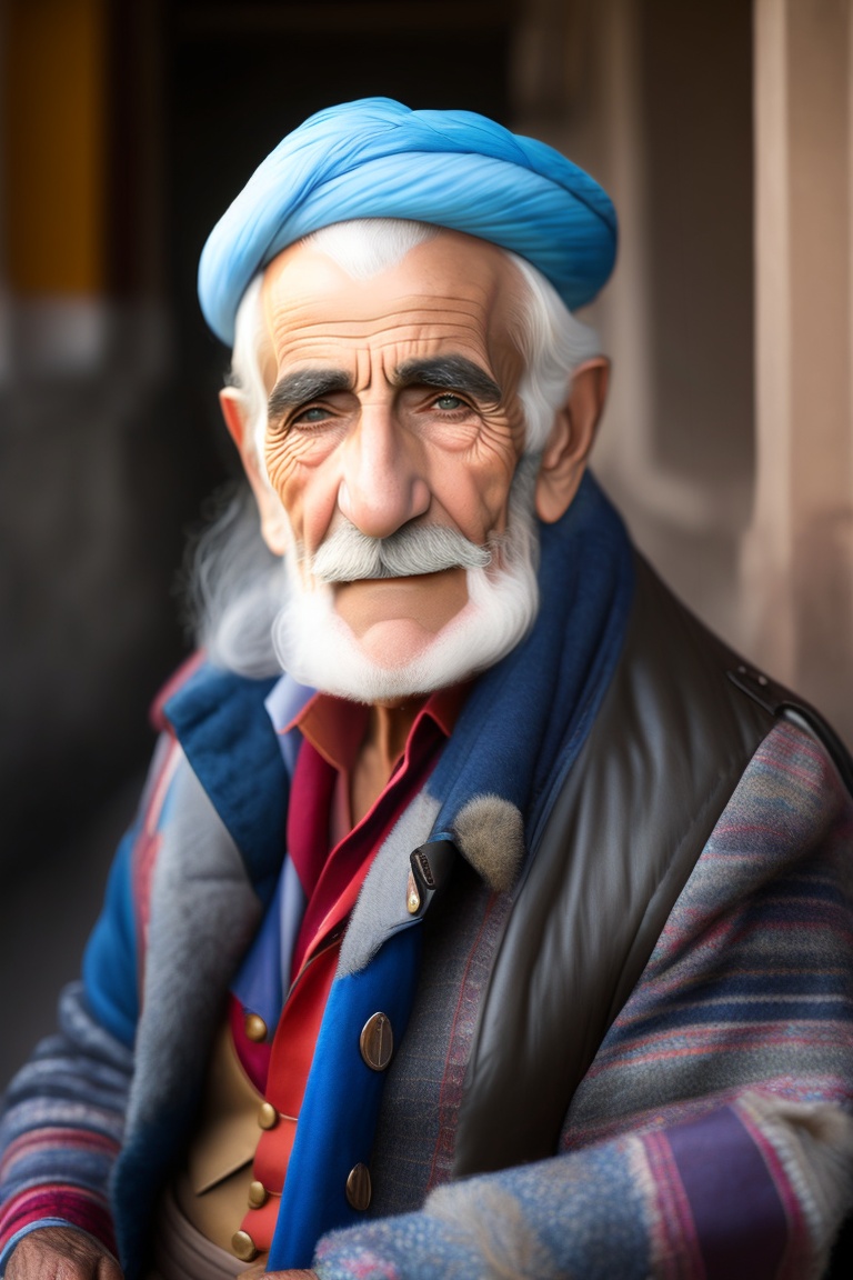 Lexica - An old Kurdish man, with a colored pooch on his head, a ...