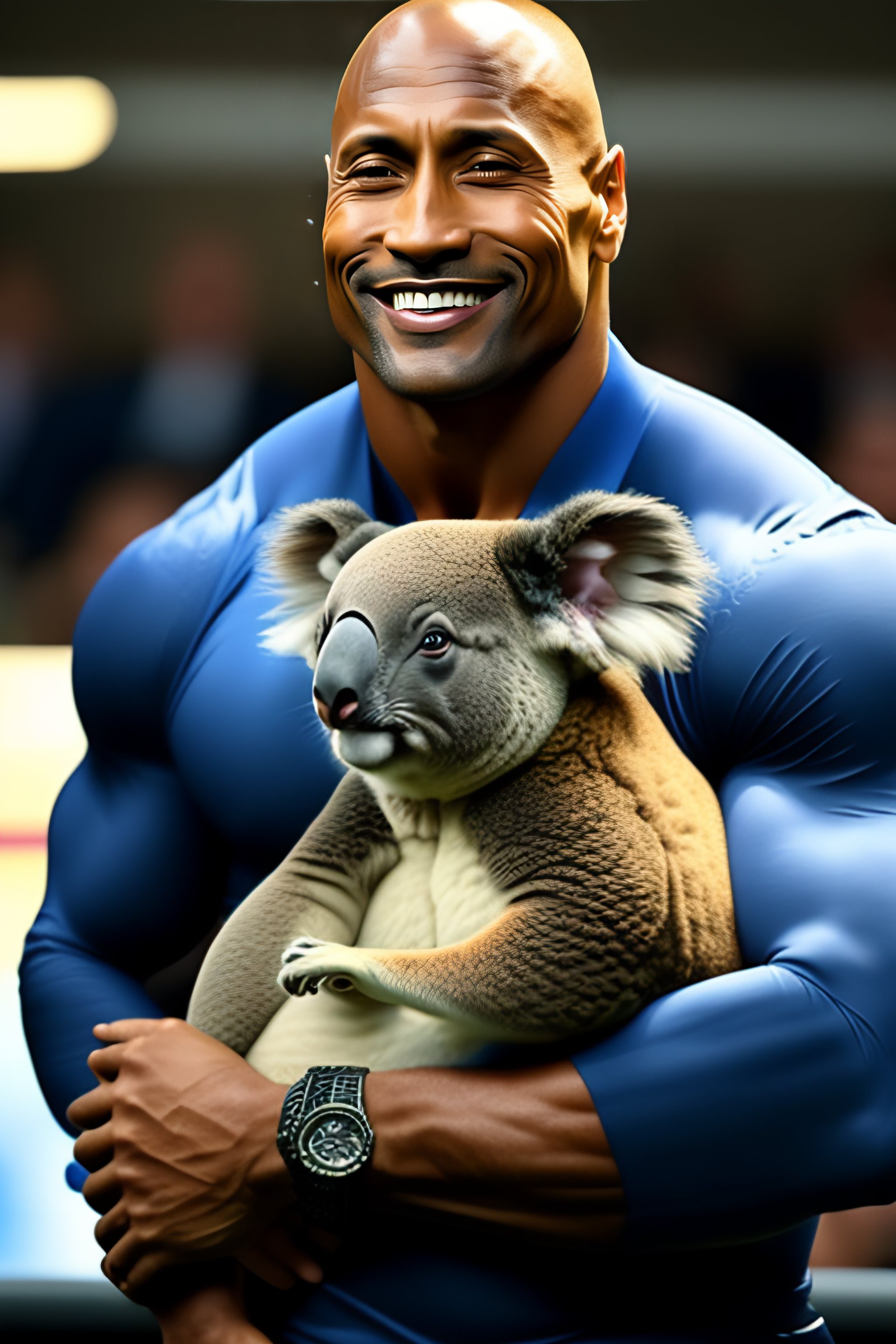 Lexica - Dwayne johnson holding a koala in one hand and a laptop in another