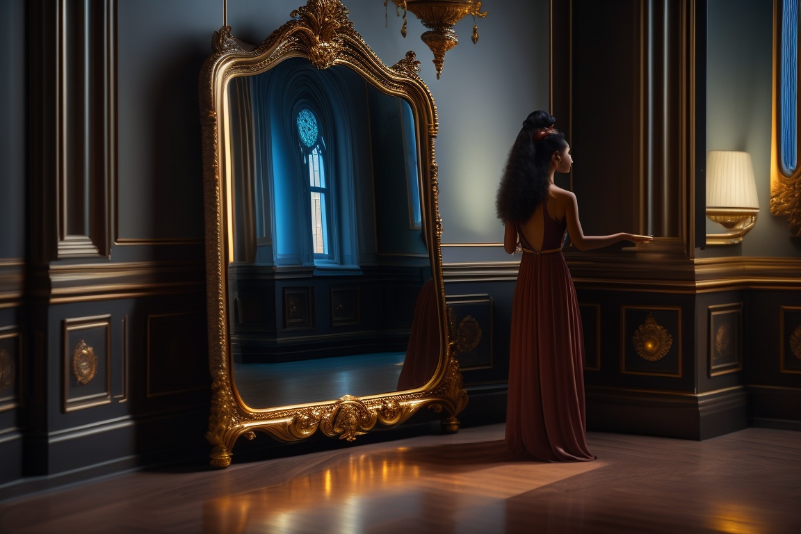 Lexica - An ornate, full-length mirror in a dimly lit room. The ...