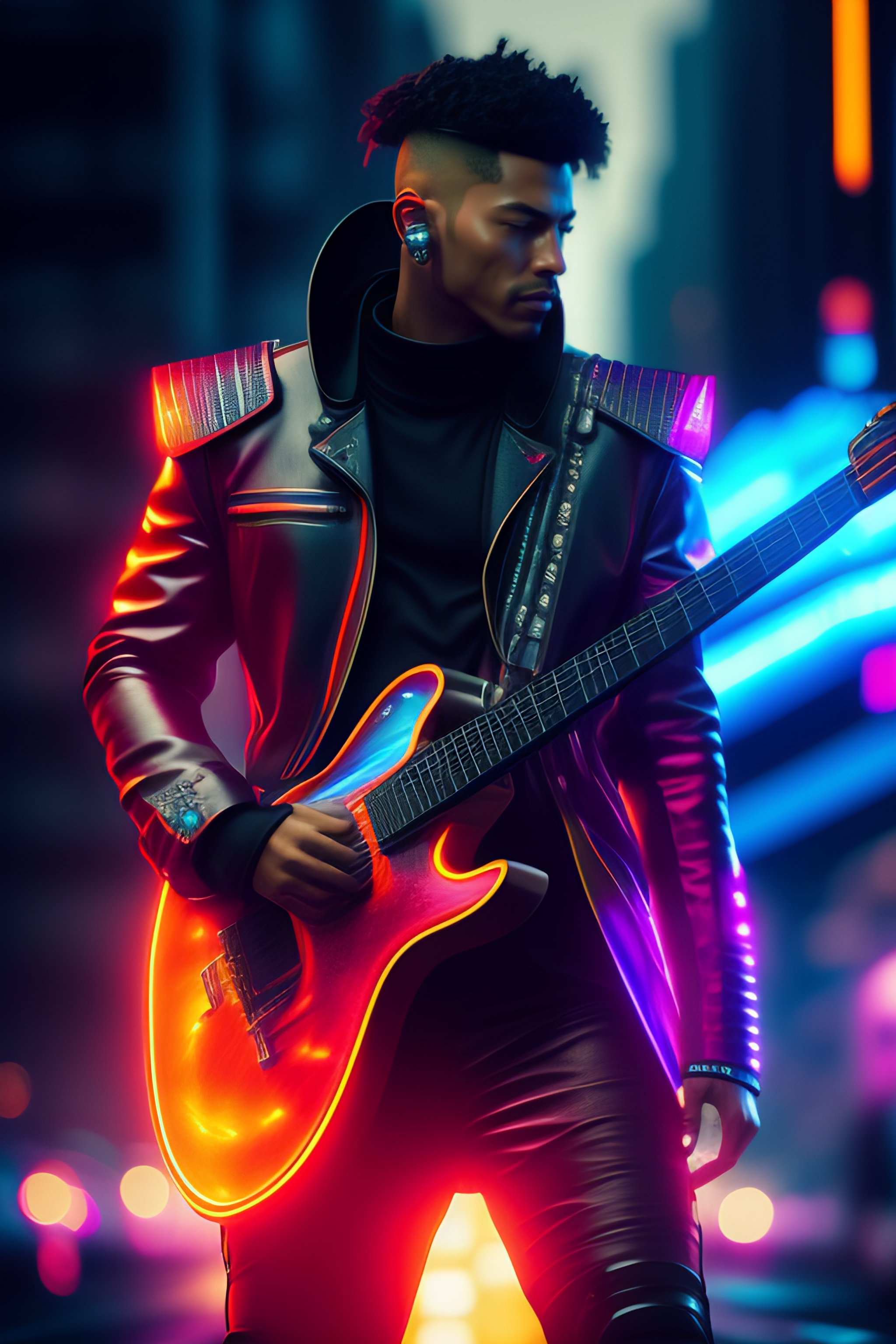 Lexica - Futuristic cyberpunk guitarist with his guitar, half cyborg ...