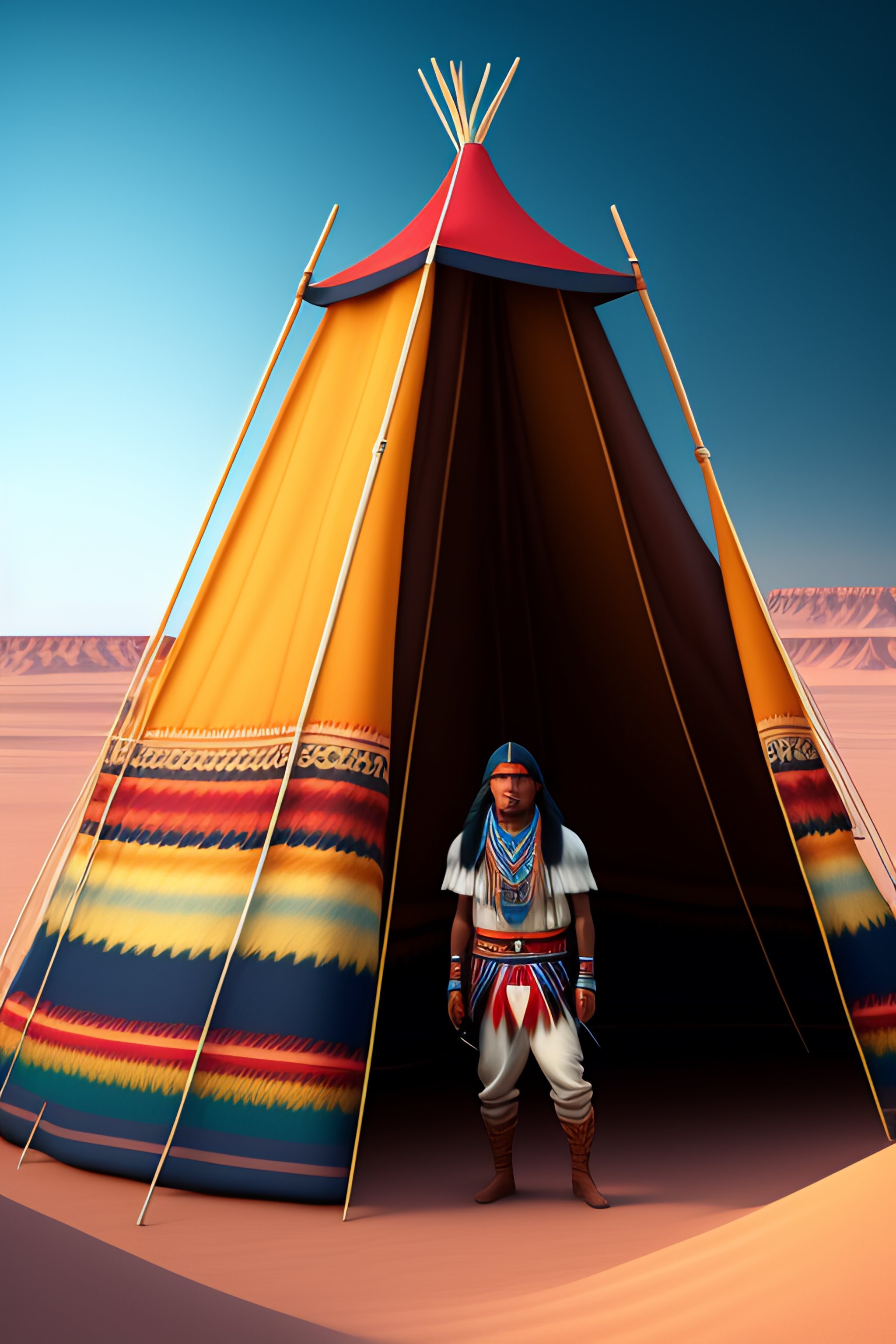 Lexica - Native american man portrait in 3d digital art with tents area ...