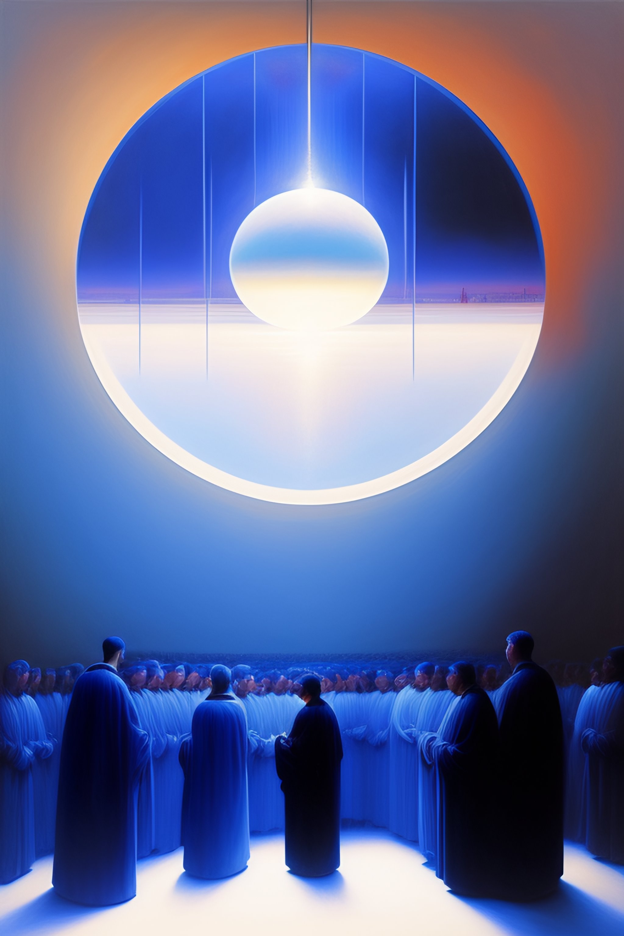 Lexica - Worshippers in robes huddled around a very complex gigantic ...