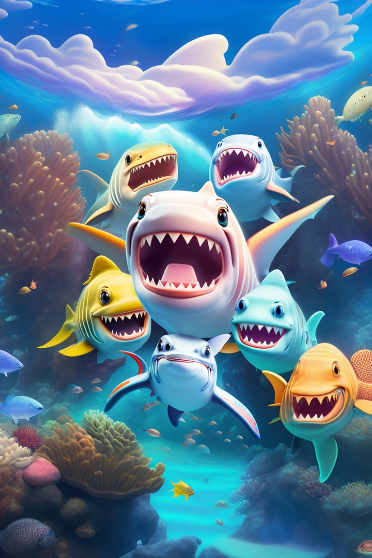 Lexica - A group of smiling sharks in a selfie taken in the ocean at a ...