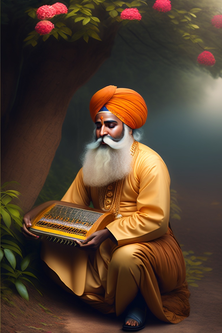 Lexica - Heavy fog, a two Sikh guru sitting under the tree playing ...