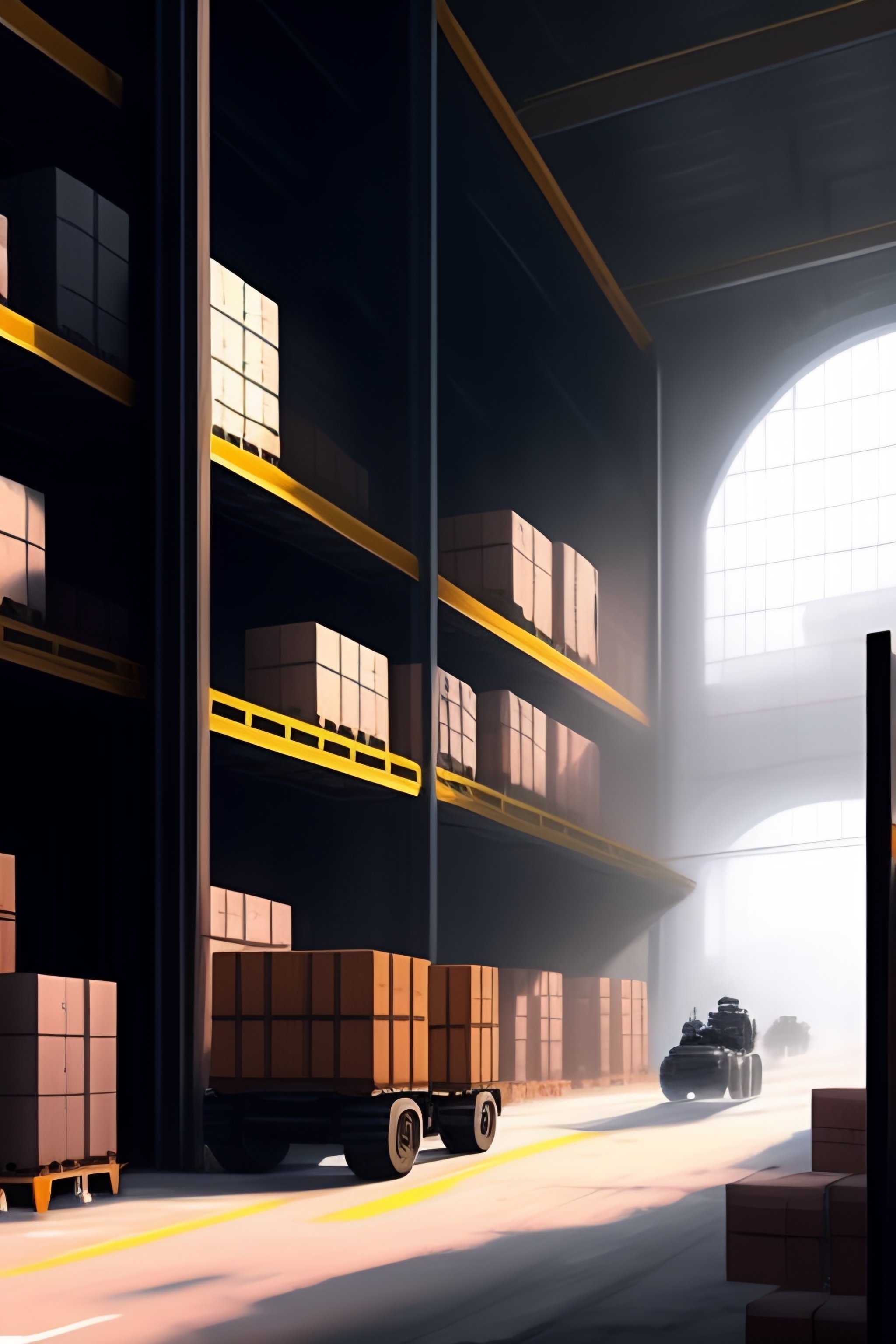 Lexica - Interior of a warehouse filled with boxes, watercolored, jakub ...
