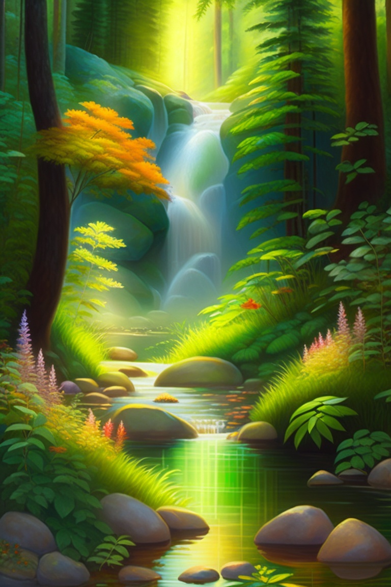 Lexica - In the lush forest, towering emerald trees stretch towards the ...