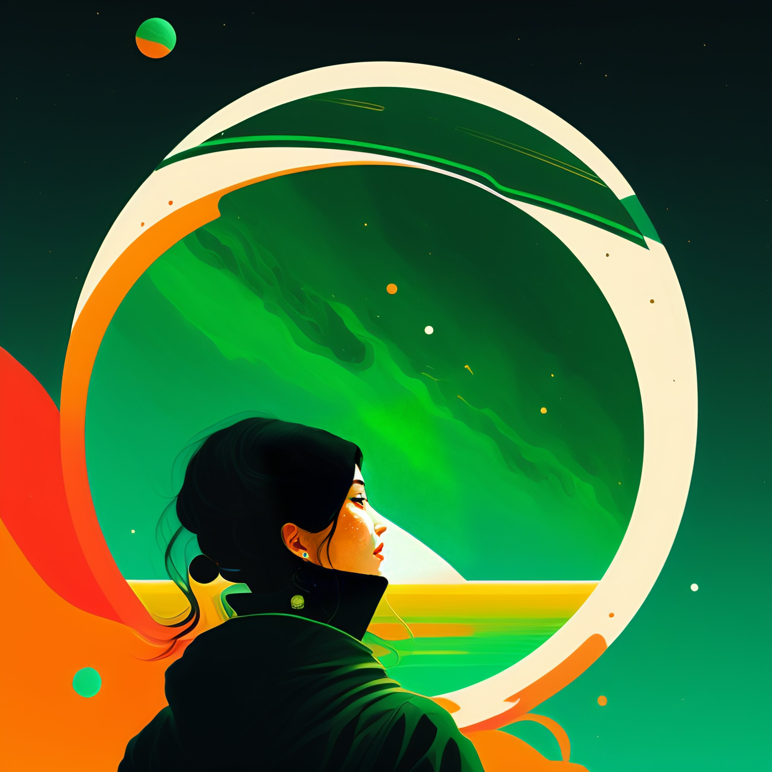 Lexica - Woman floating with planets circling around her, style of ...