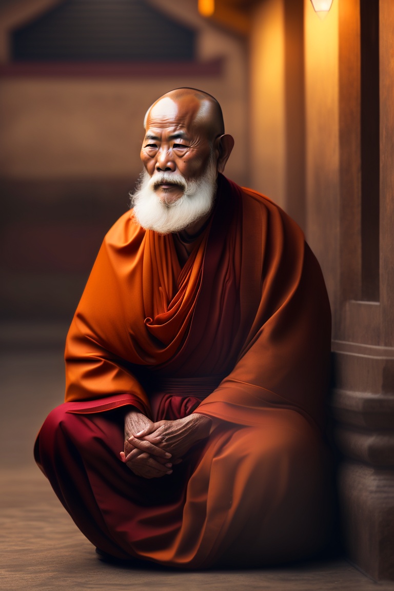 Lexica - Buddhist old monk focus on camera, full body, medium beard