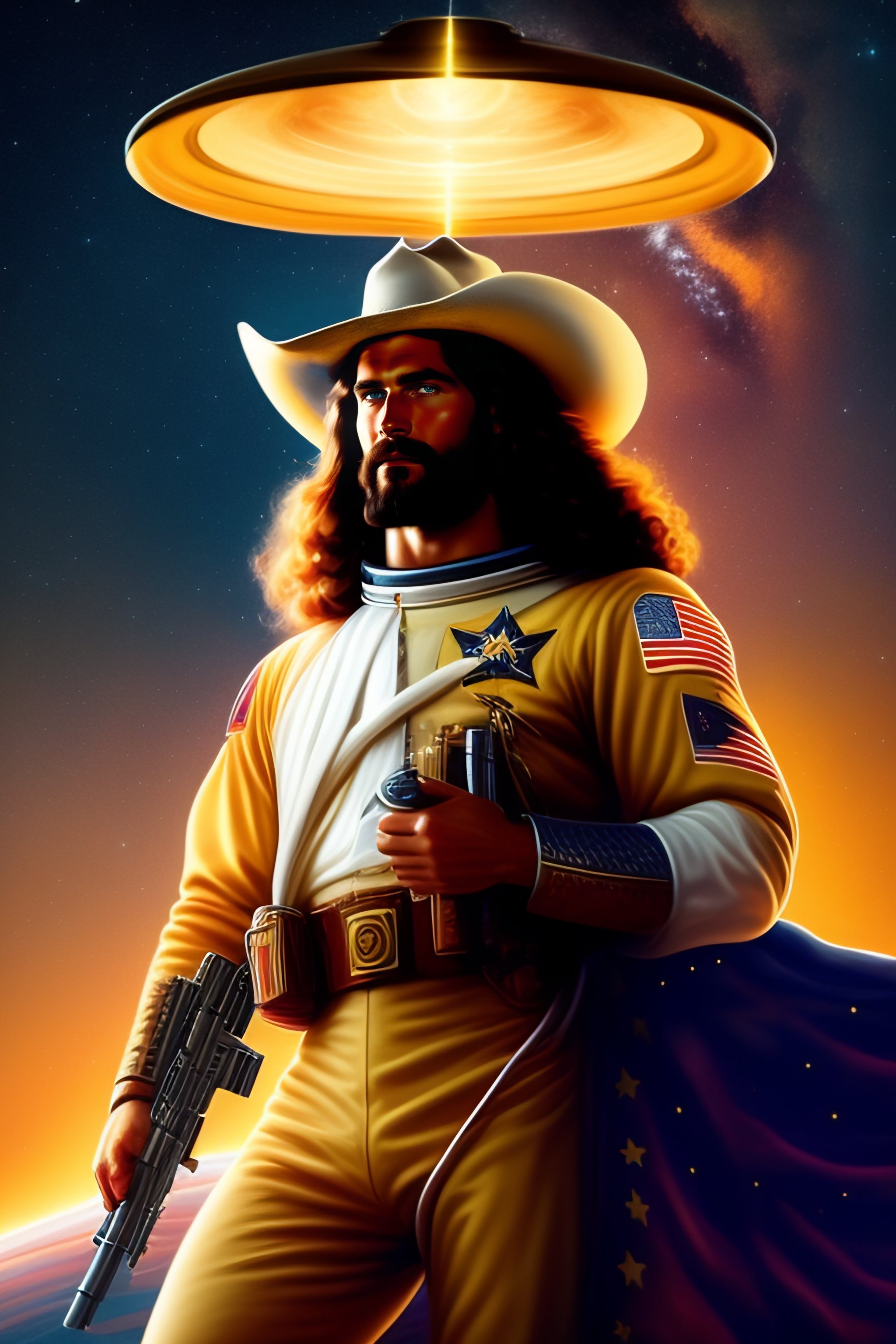 Lexica - Jesus Christ as astronaut with cowboy hat and lot of guns