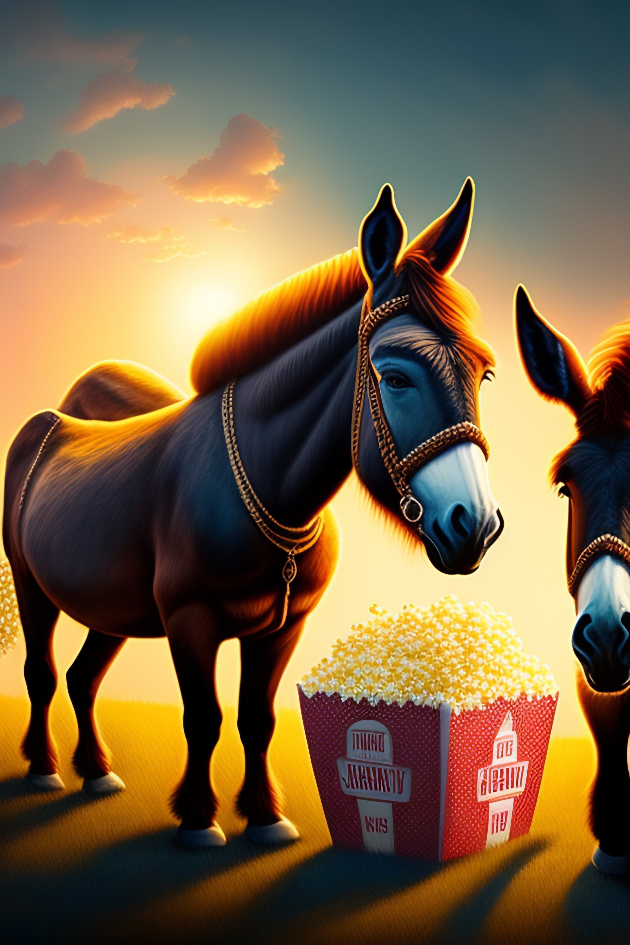 Lexica - A row of ((happy)) donkeys eating popcorn with fascination and ...