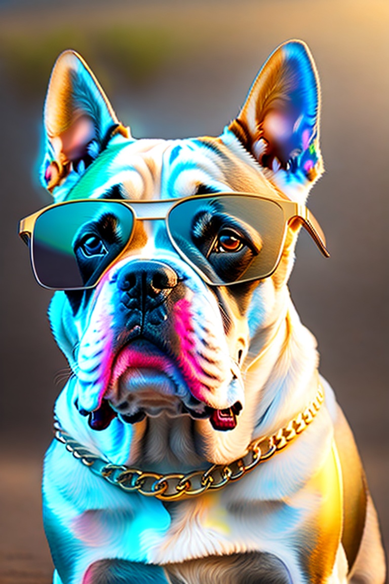 Lexica - A white boxer dog wearing boxer robe, gold chain and big sunglases