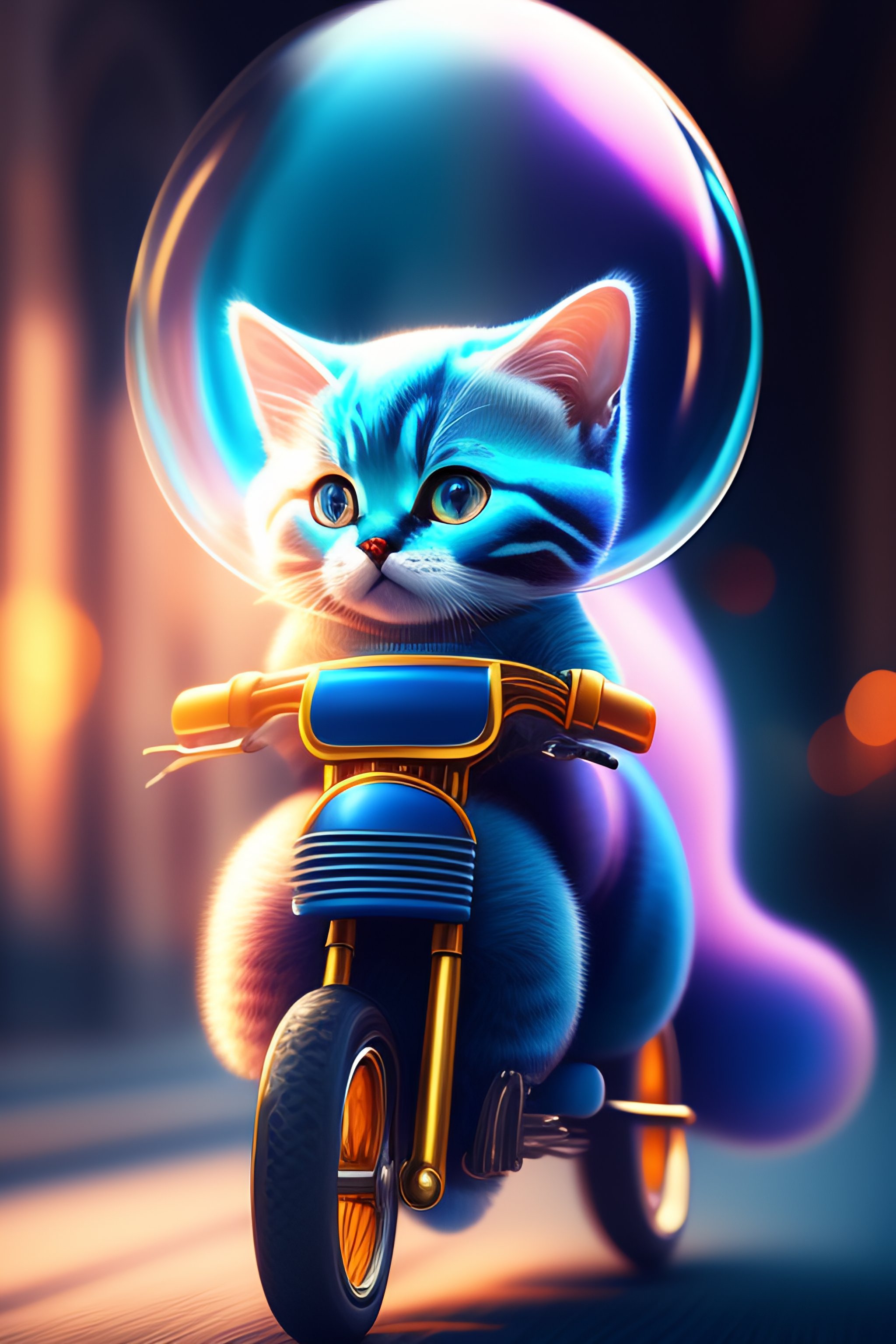 Lexica - Cinematic portrait of cute mew riding large blue bubble, oil ...