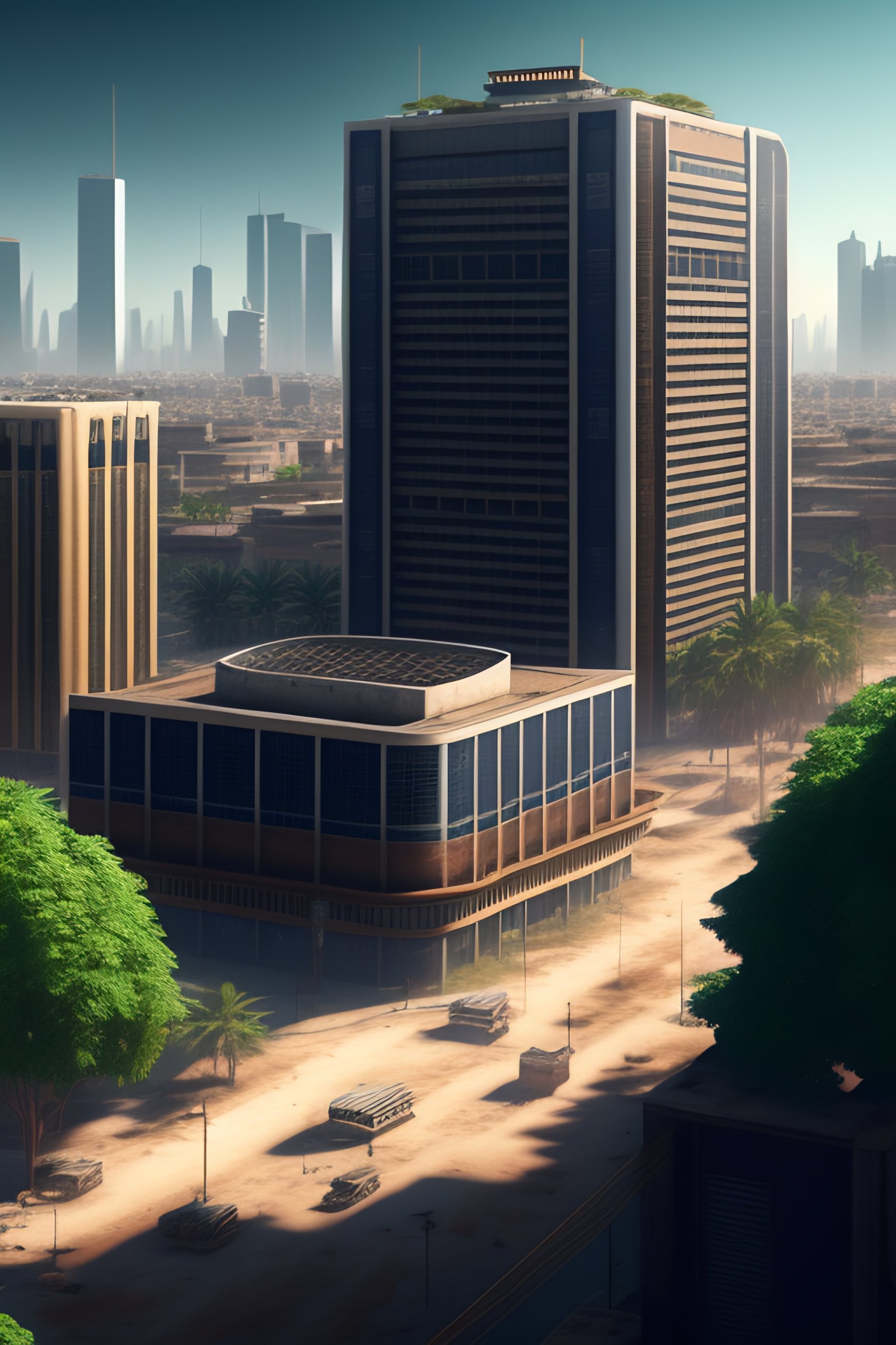 Lexica - A deserted city, empty buildings, vegetation, trending on ...