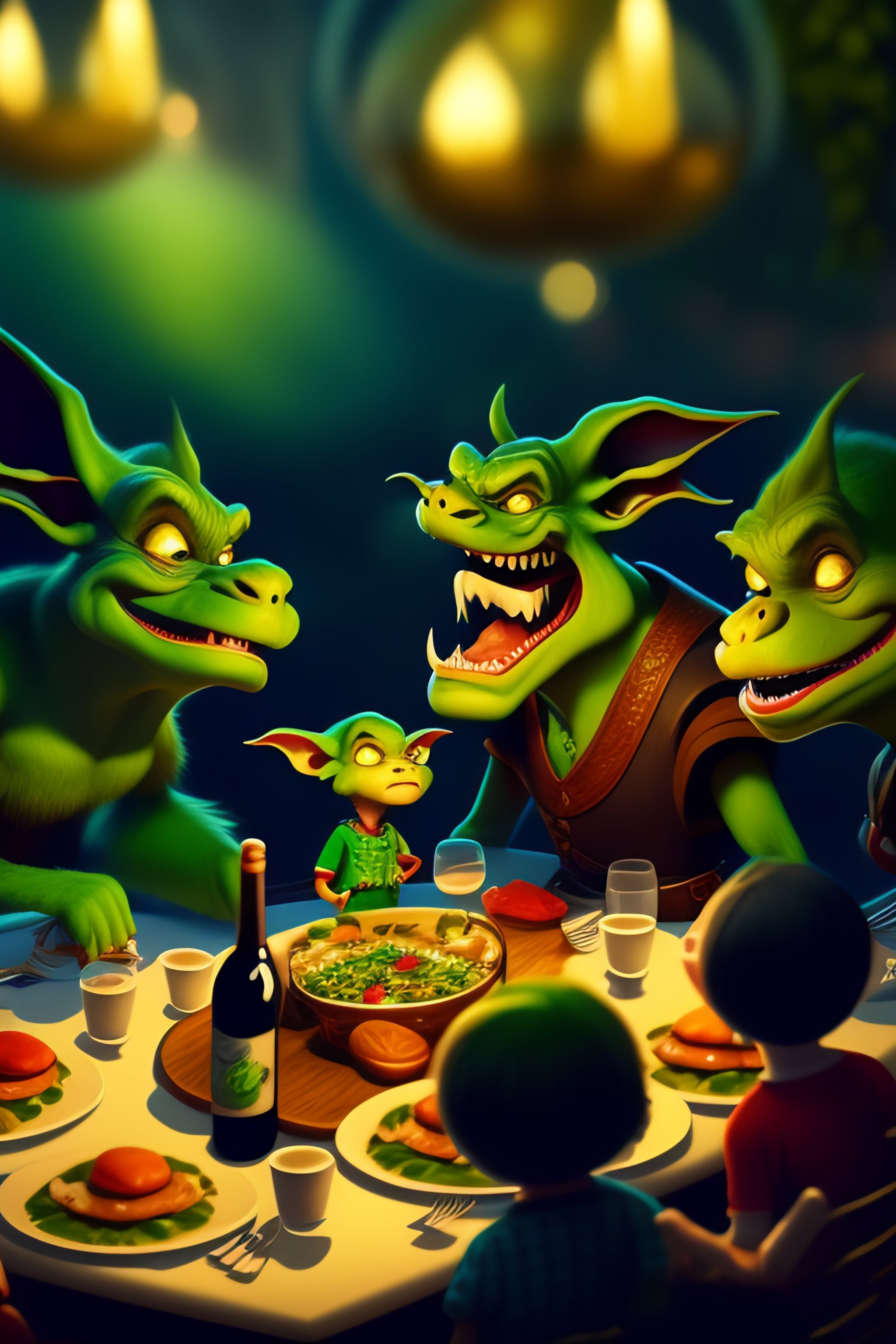 Lexica - A family of ten green goblins having dinner on a long table at ...