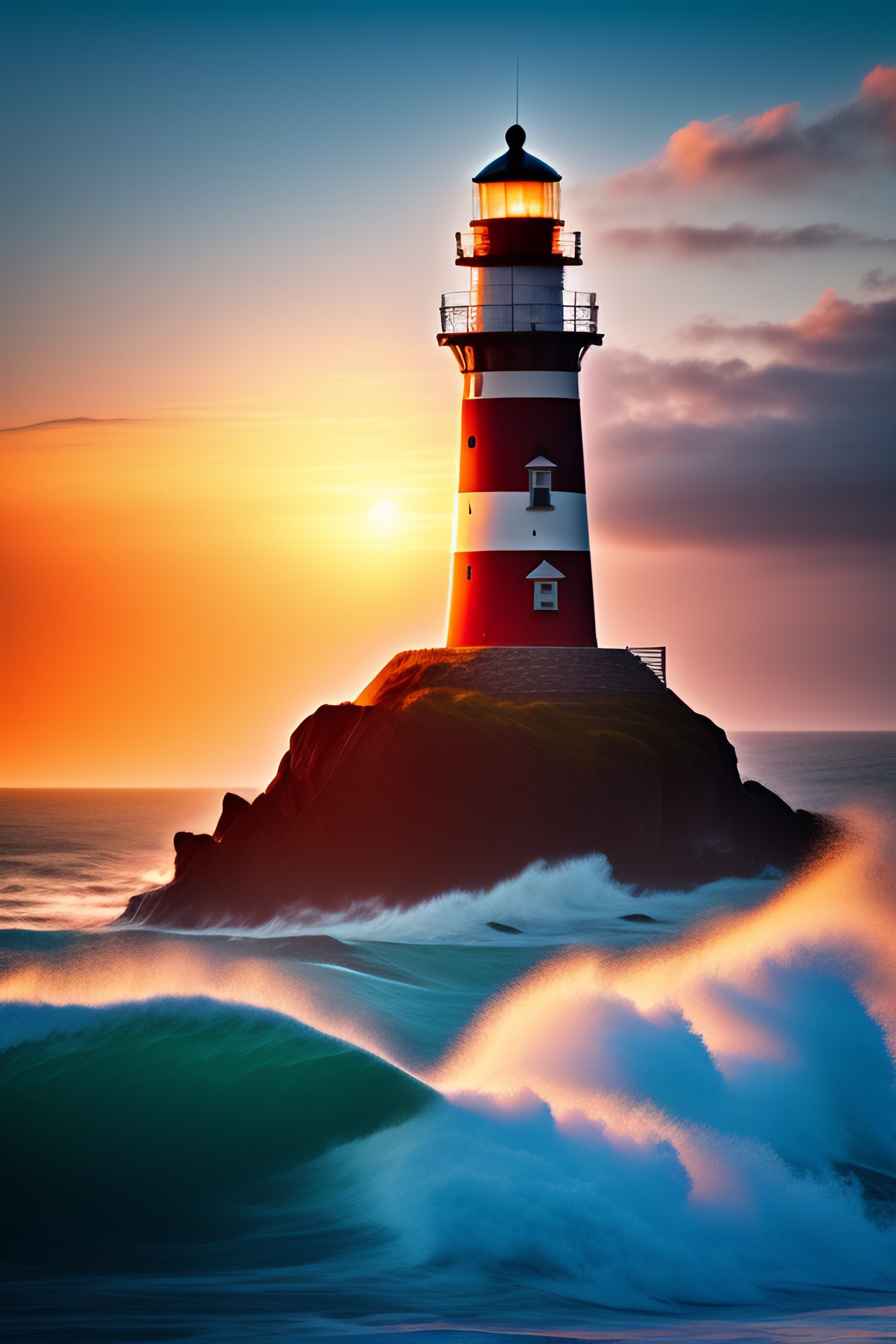 Lexica - A lighthouse in the middle of the sea, with wild sea hitting ...