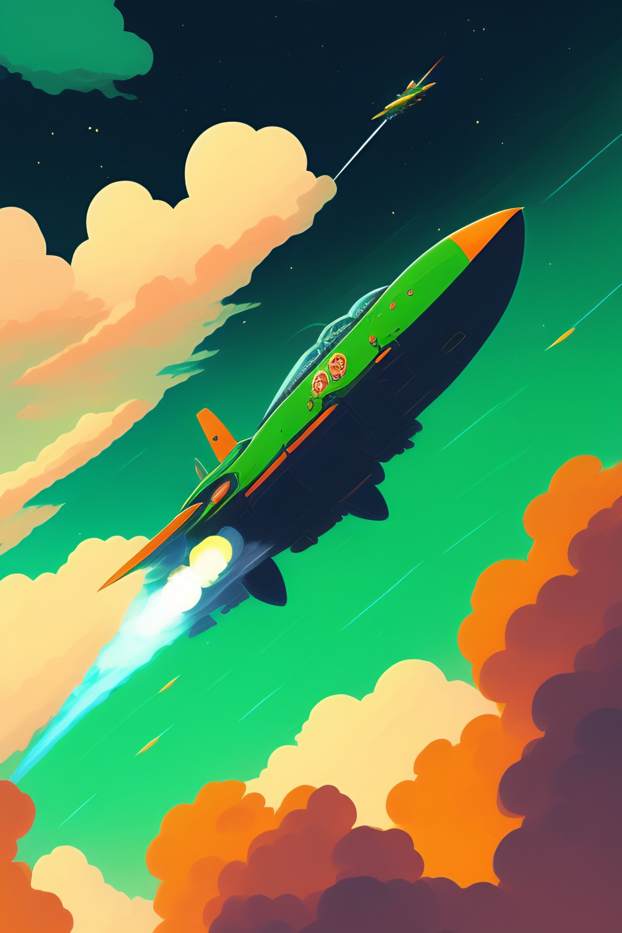 Lexica - Rocket flying through the clouds, style of laurie greasley, james gilleard, genshin ...