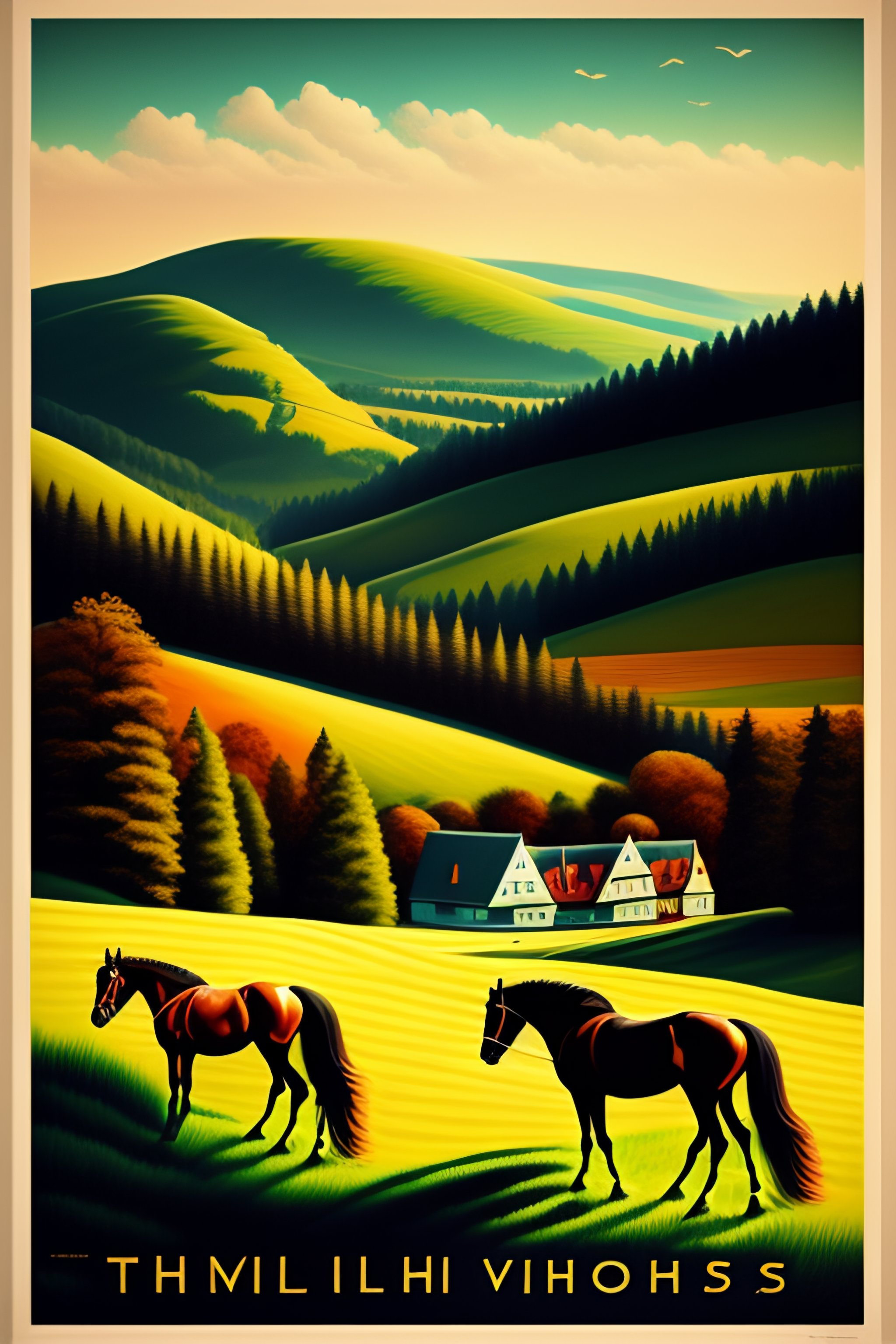 Lexica - Landscape hills horses firs, villages, poster vintage