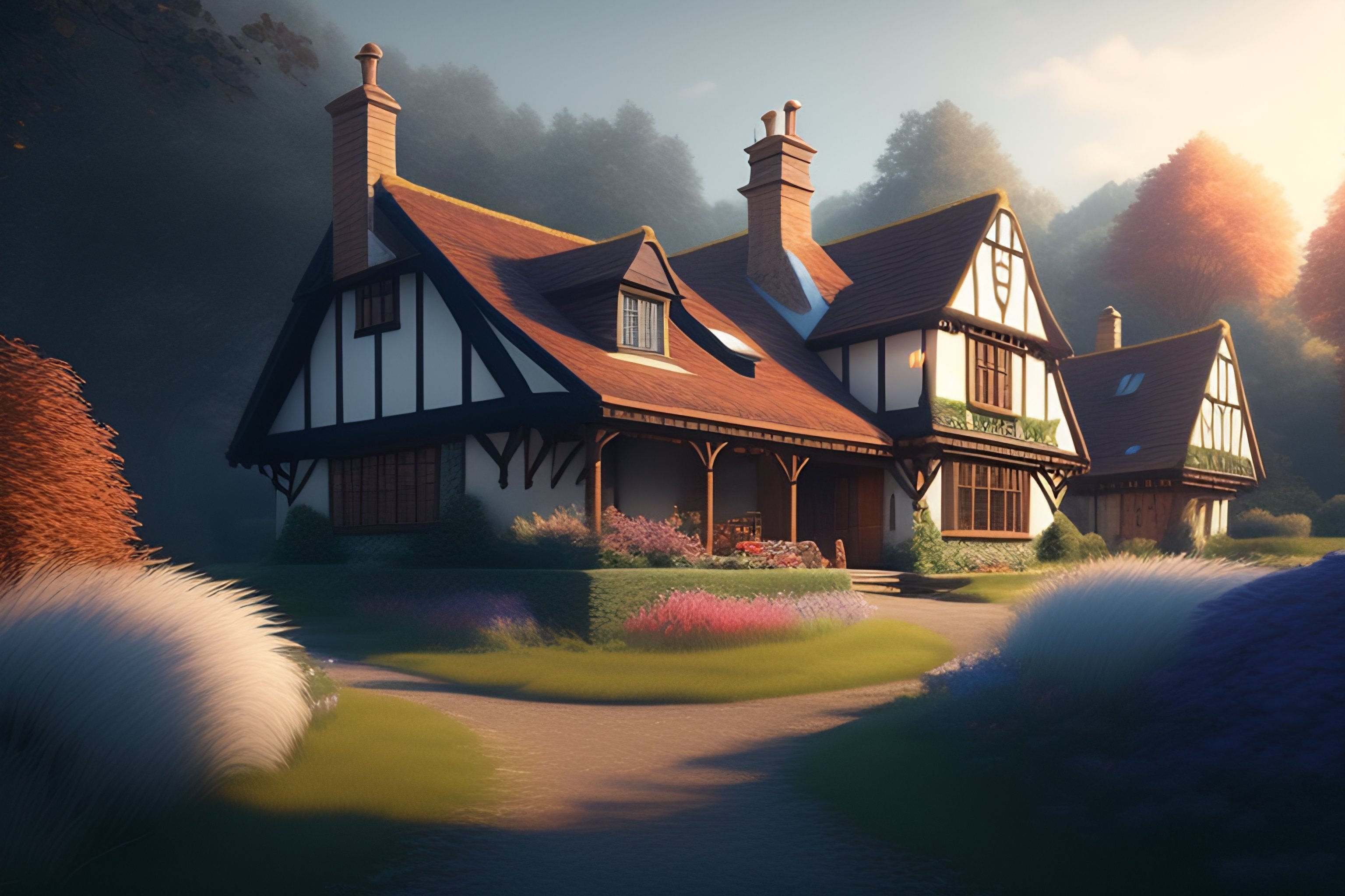 Lexica - A small tudor country house on a hillside with a gravel path ...