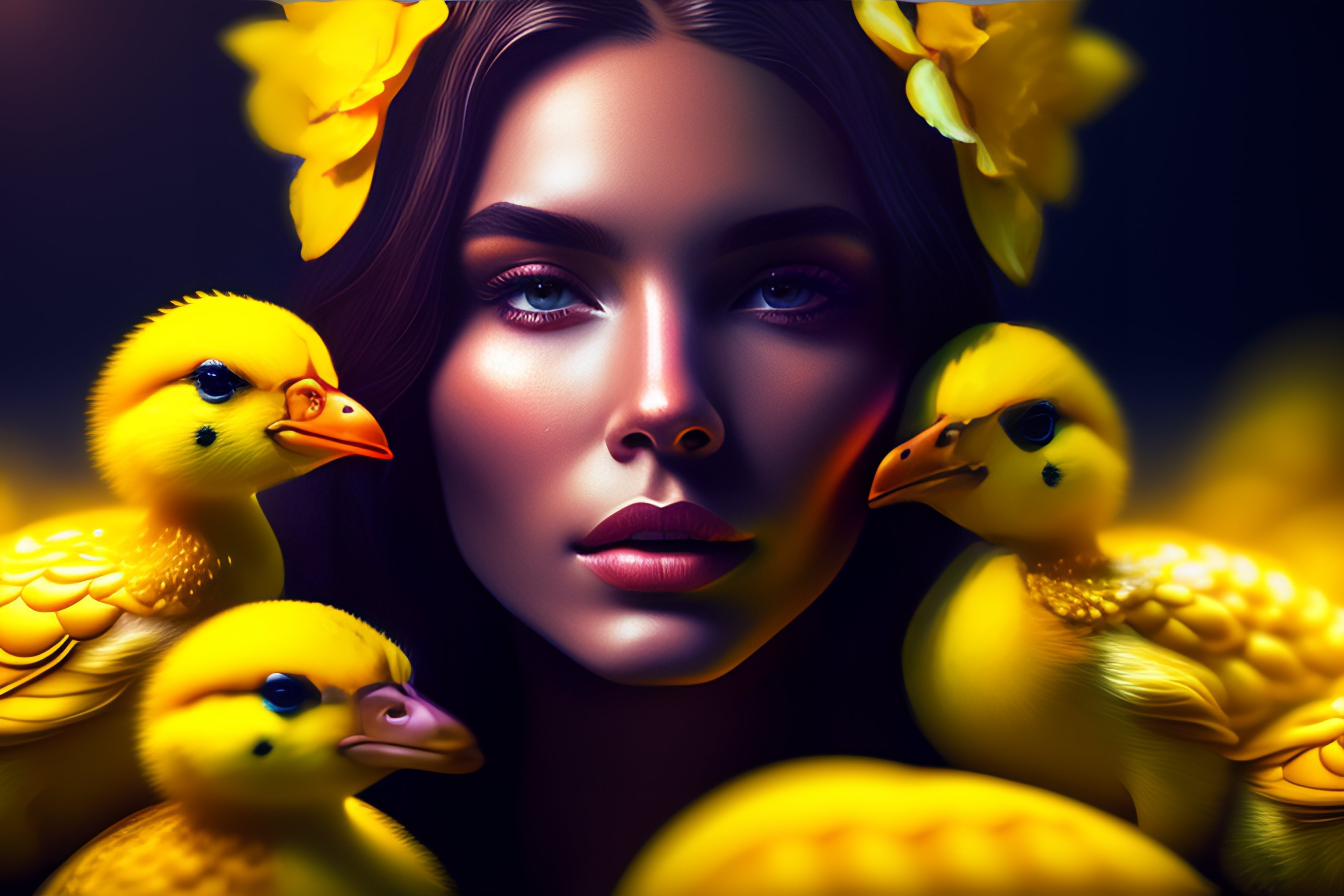 Lexica - Beautiful woman covered in yellow baby ducks; detailed ...