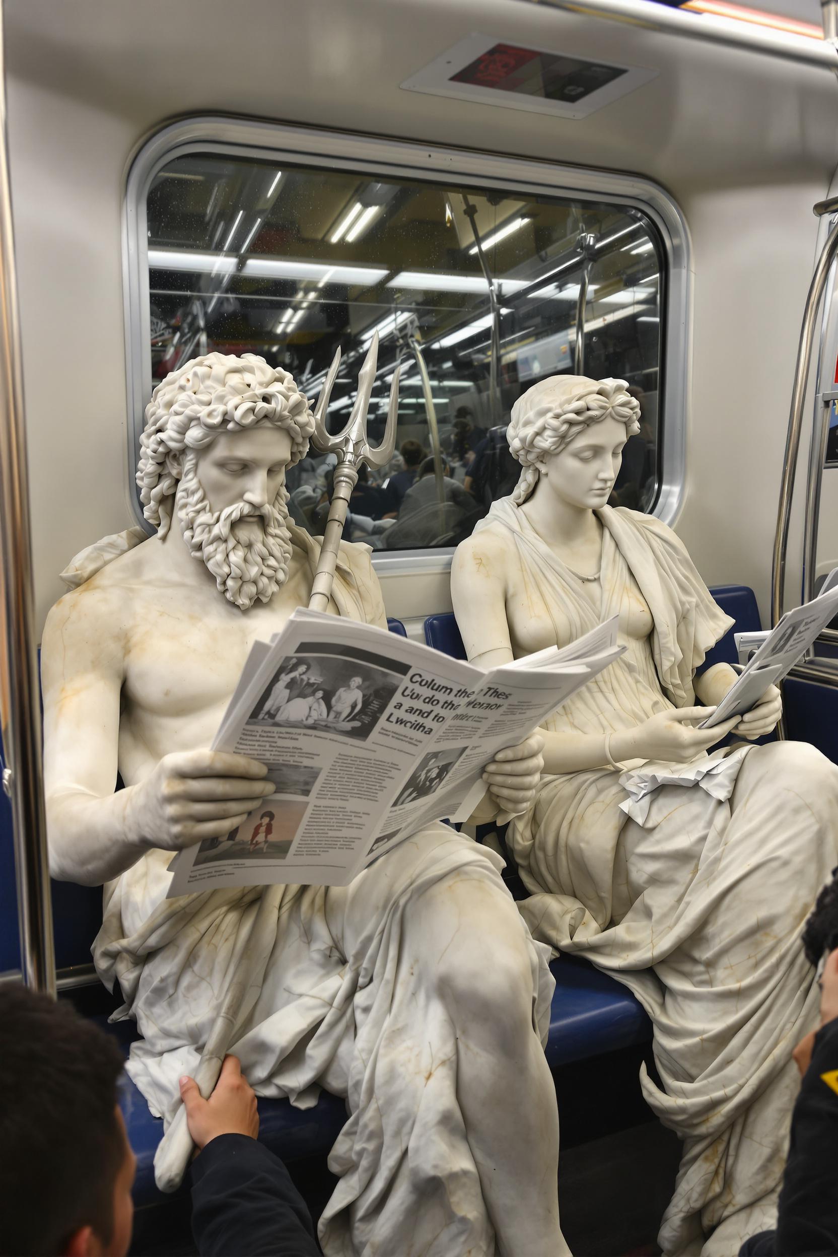 Lexica - Greek marble statues sitting in a very crowded subway train ...
