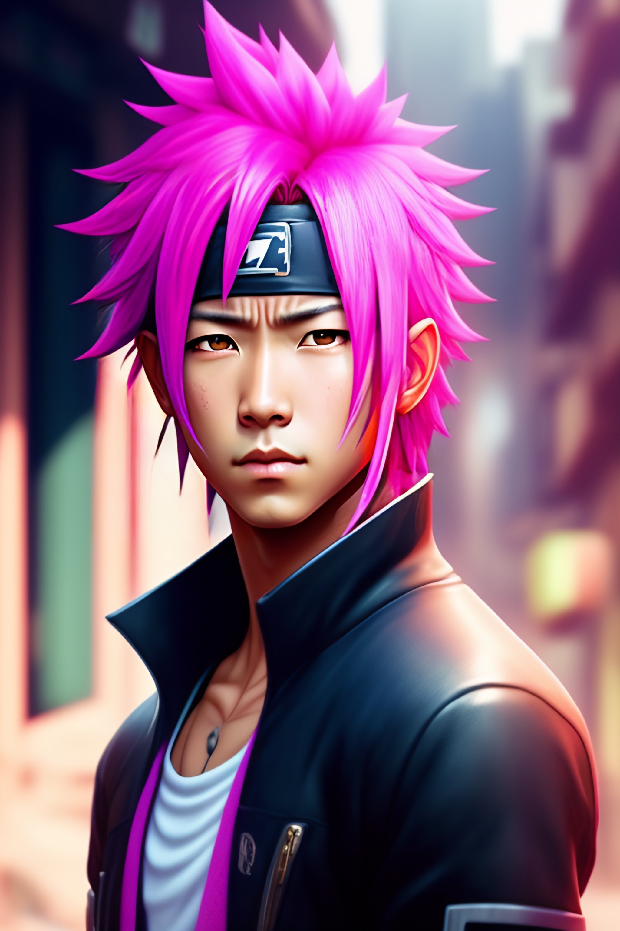 Lexica - Sasuke Uchiha, pink hair, realistic, slum background