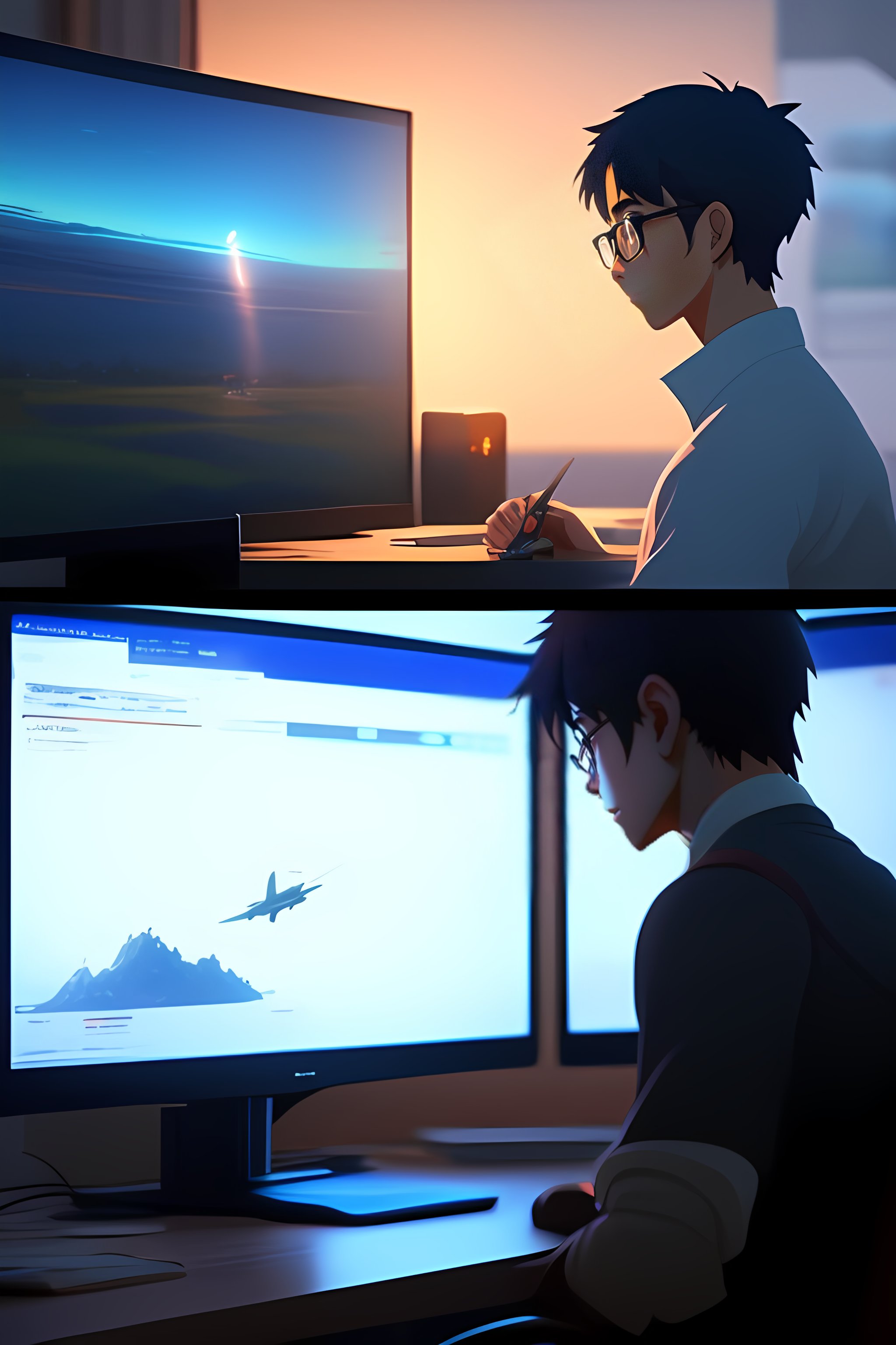 Lexica - A nerd man studying on multiple monitors at his desk, by ...