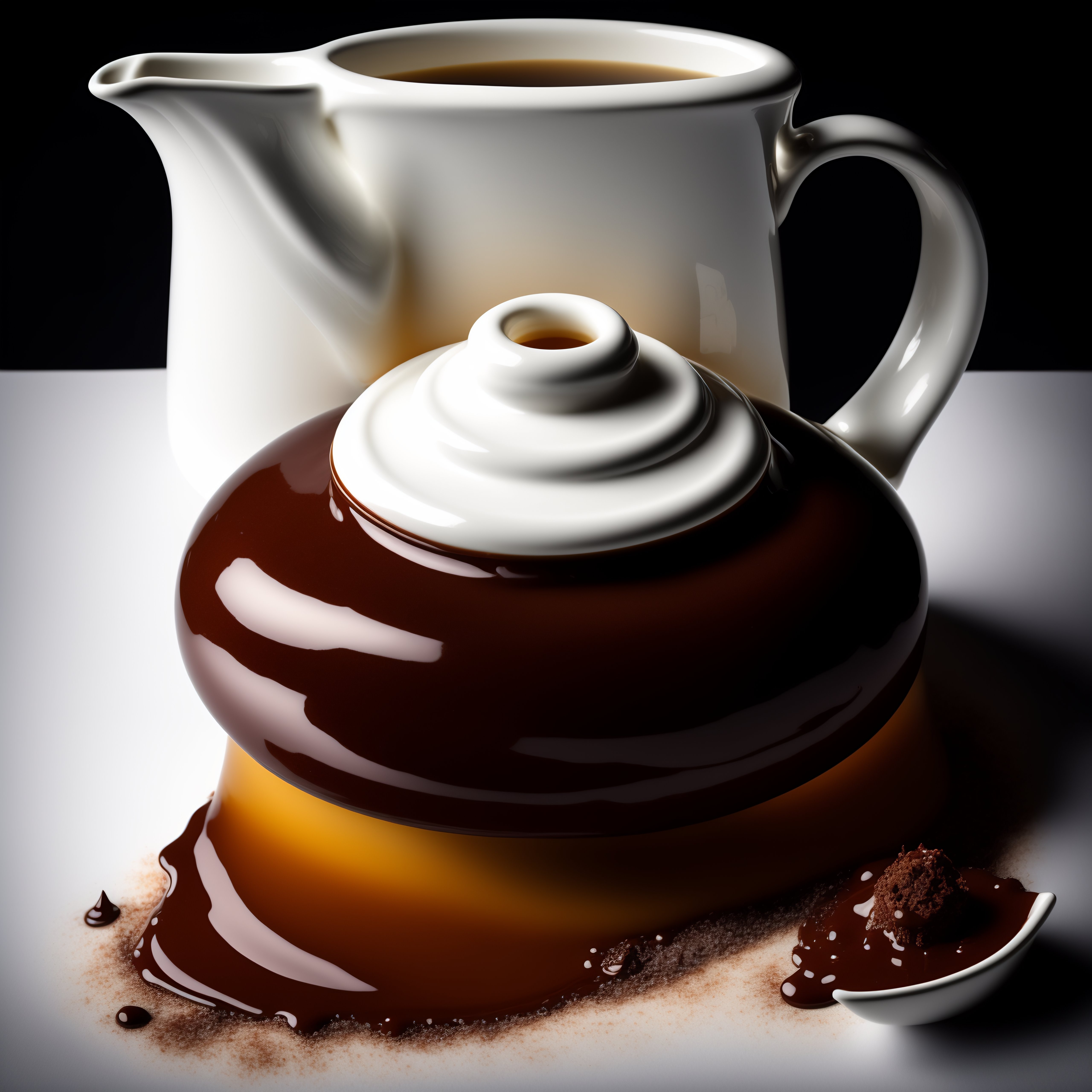 Lexica - A teapot of chocolate collapsing and falling and melting into ...
