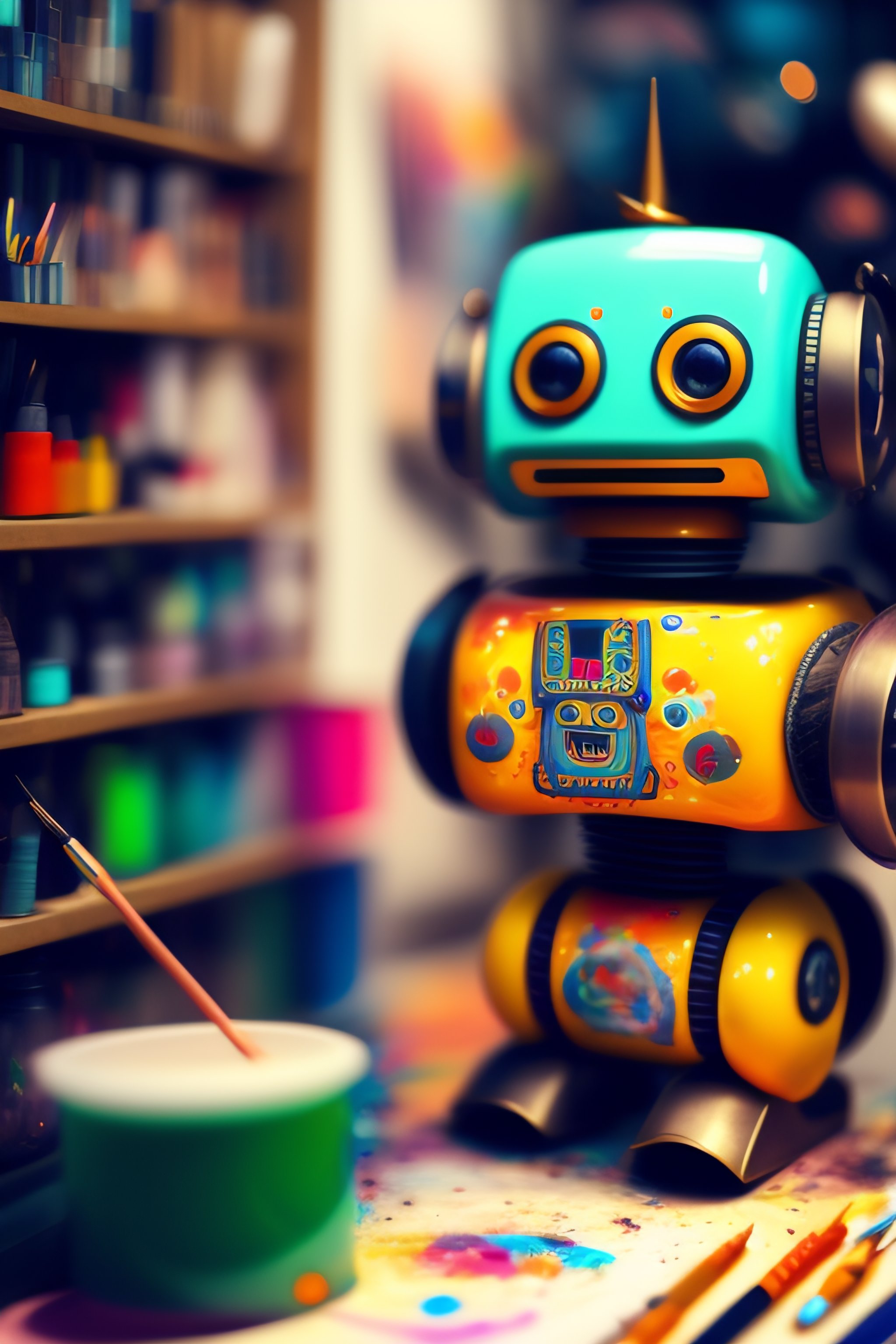 Lexica - A messy, chaotic artist's workshop, inside is a cute robot ...