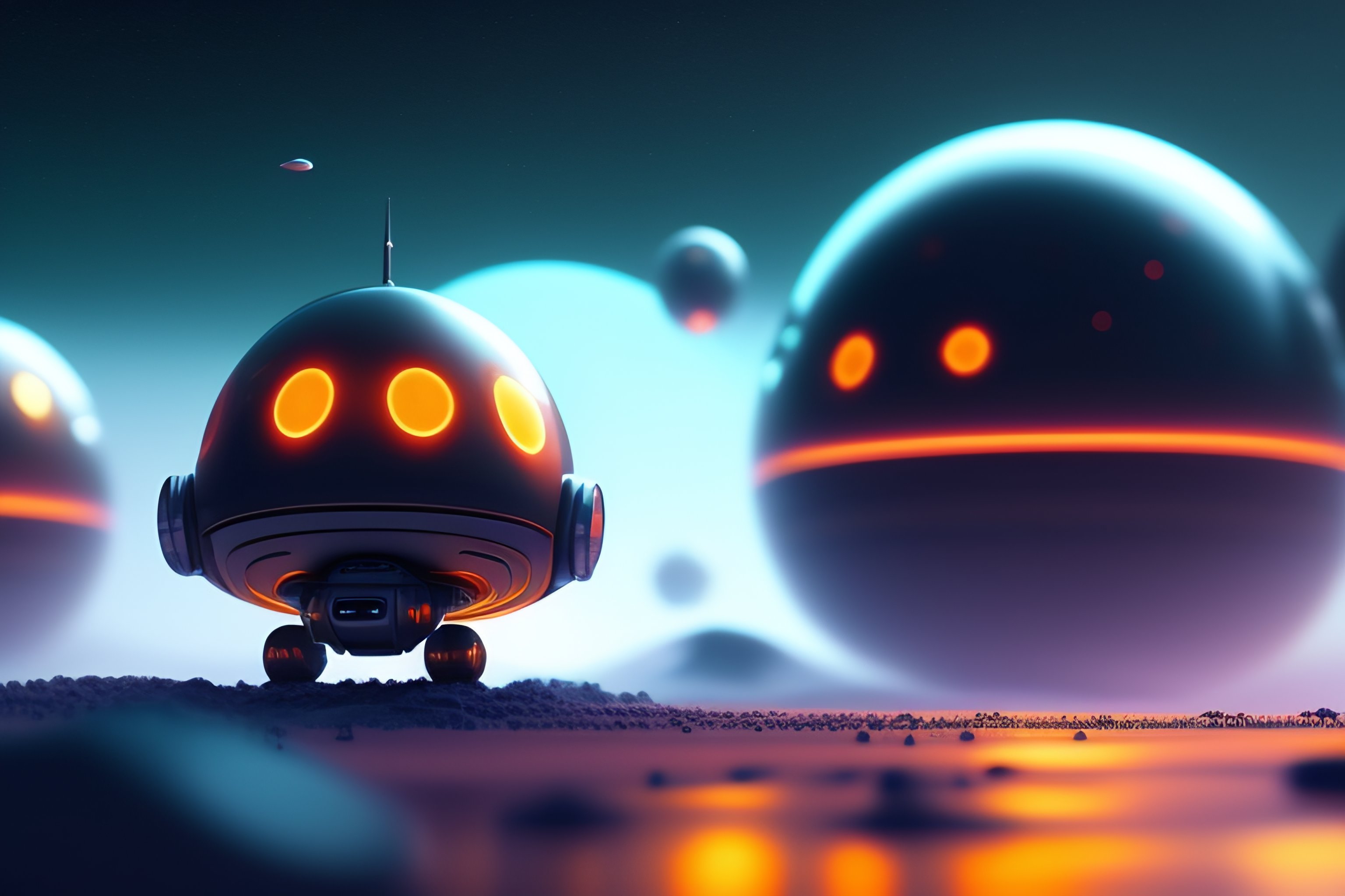 Lexica - Cute little robots scanning and exploring a dark alien planet ...