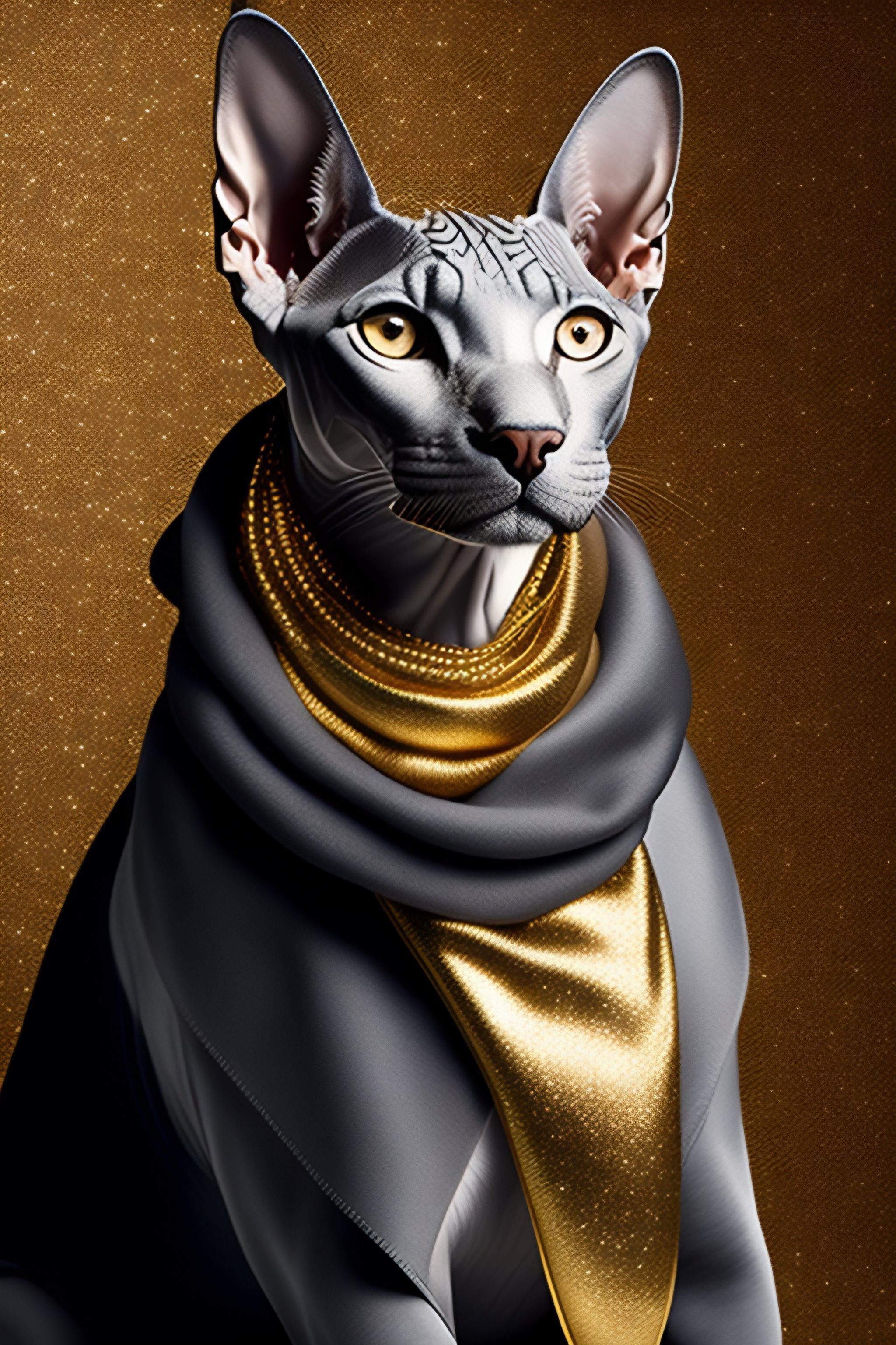 Lexica - All gray sphynx wearing glitter gold scarf sitting in the ...