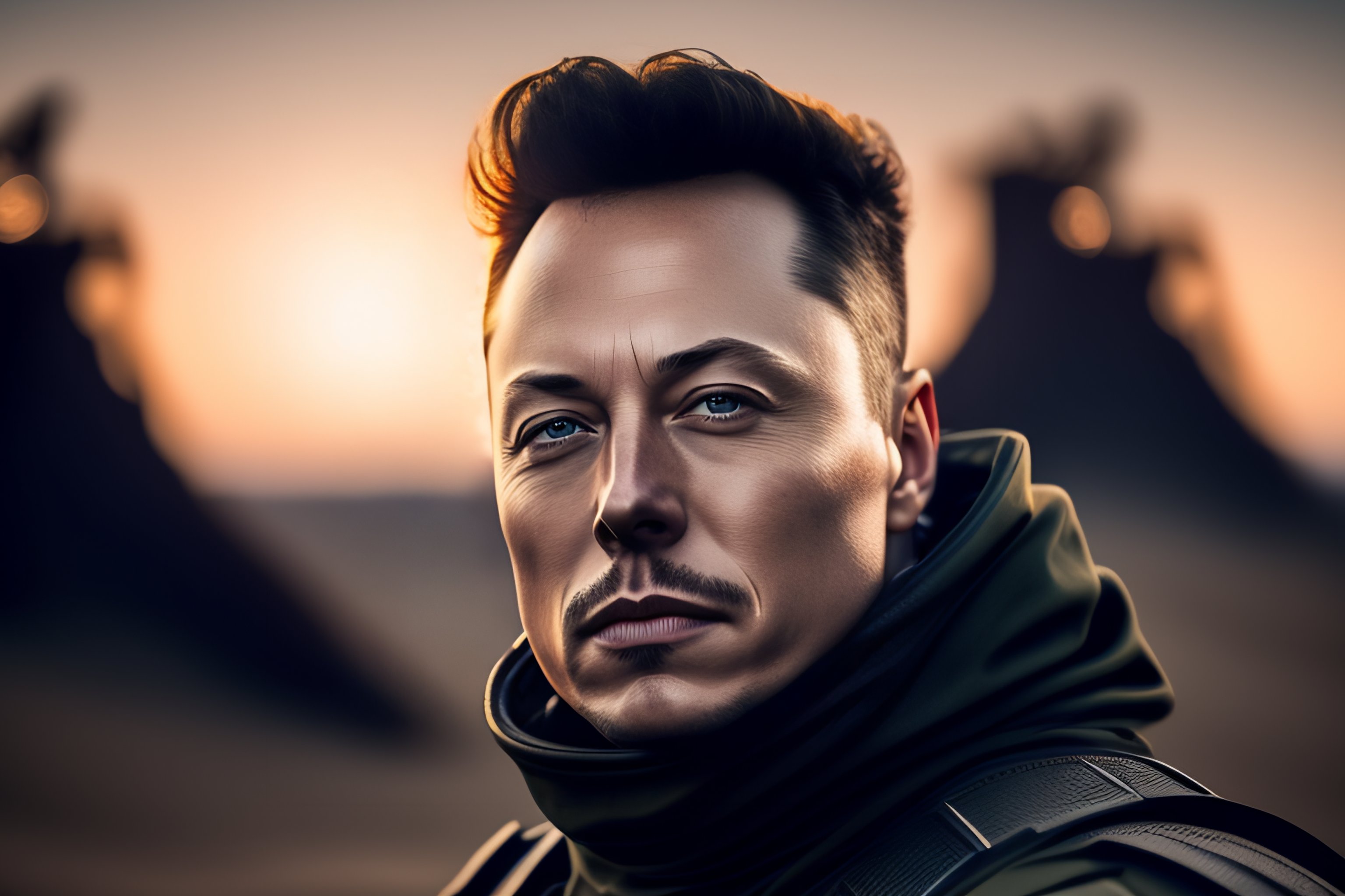 Lexica - Natural Elon musk face as a cyber warrior in a burnt land, extremely highly detailed ...