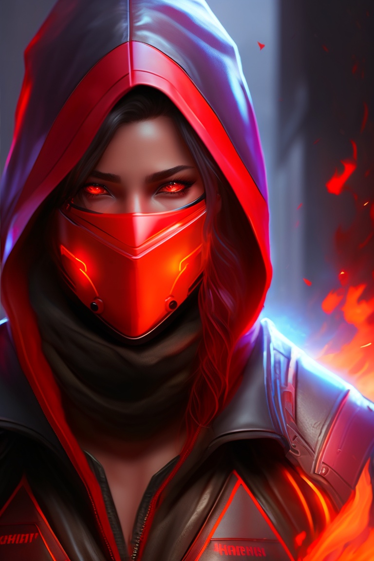 Lexica - Female character, hood, cyberpunk, red neon, mask, dark, eyes ...