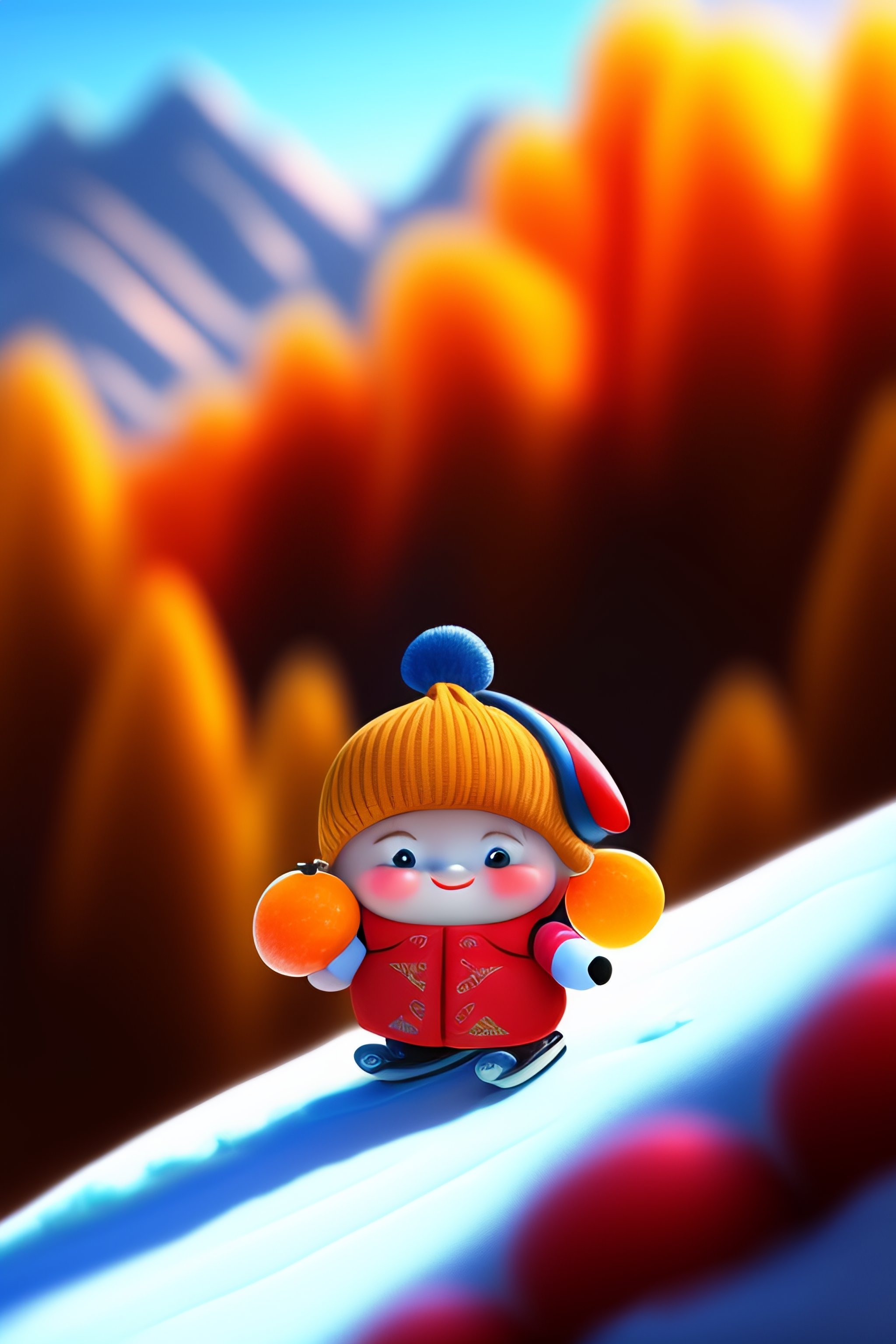Lexica - A kid drawing of a funny and smiling baby clementine skiing ...
