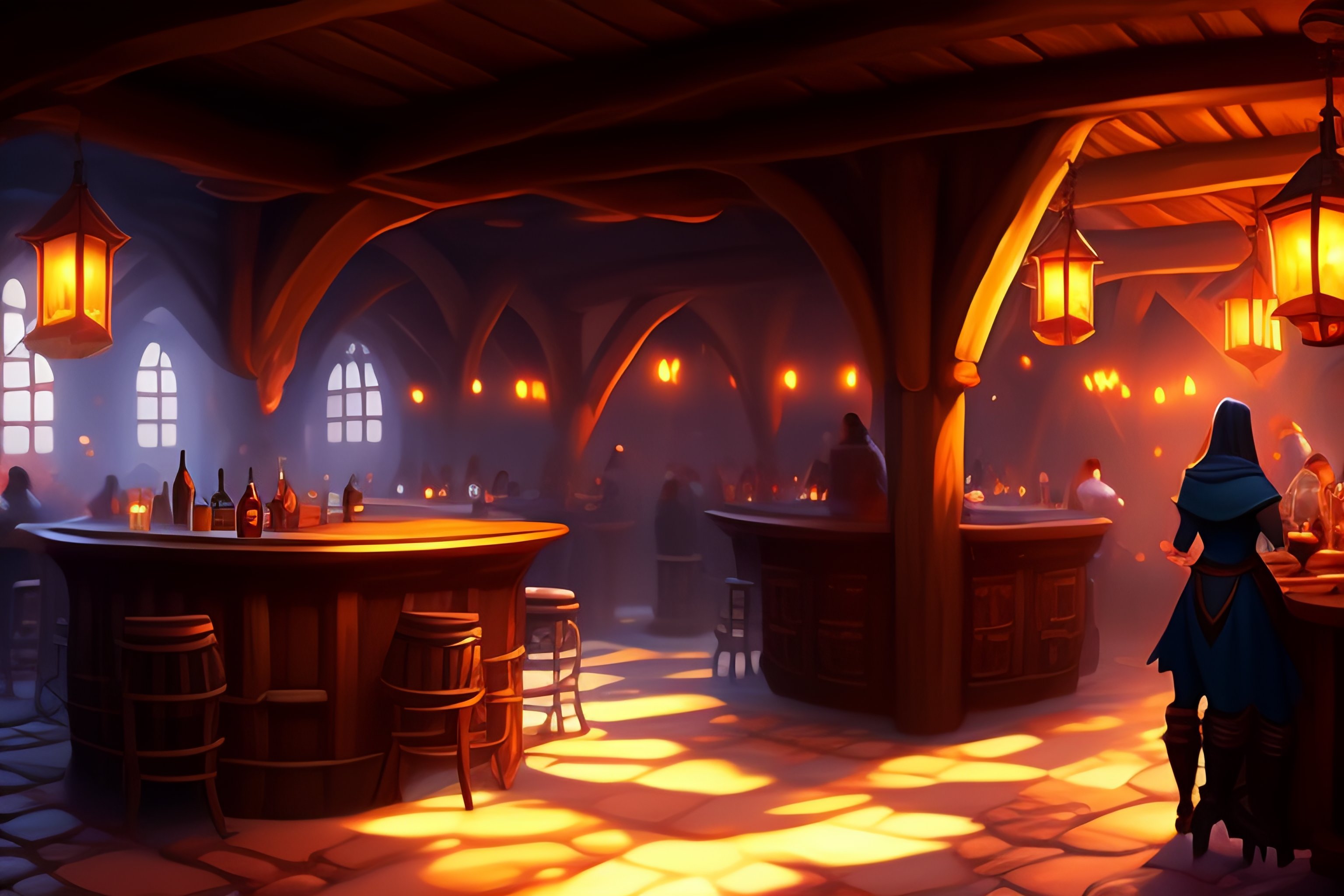 Lexica - Small interior crowded tavern, medieval, high fantasy capital ...