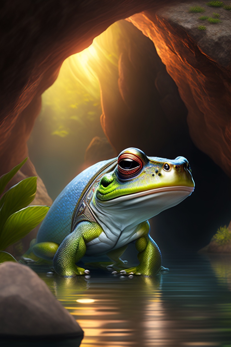 Lexica - A powerful warrior faces a gigantic sad frog inside a cave ...