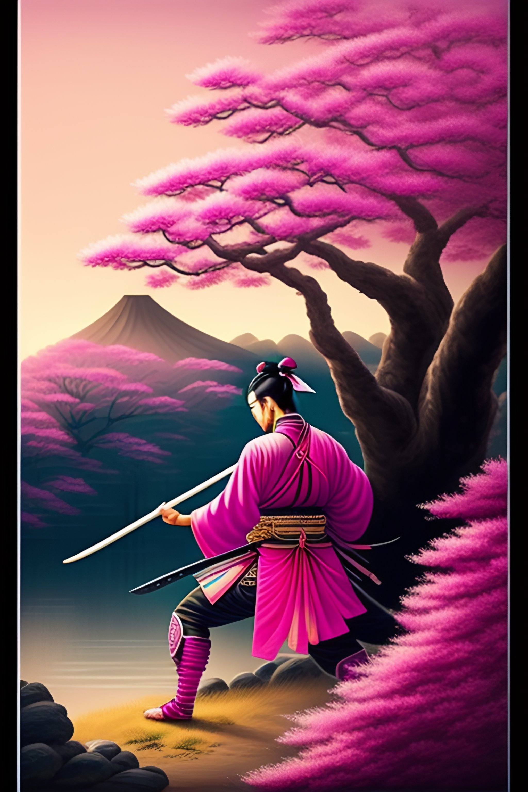 Lexica - Samurai with magenta kimono draws his katana under a sakura ...