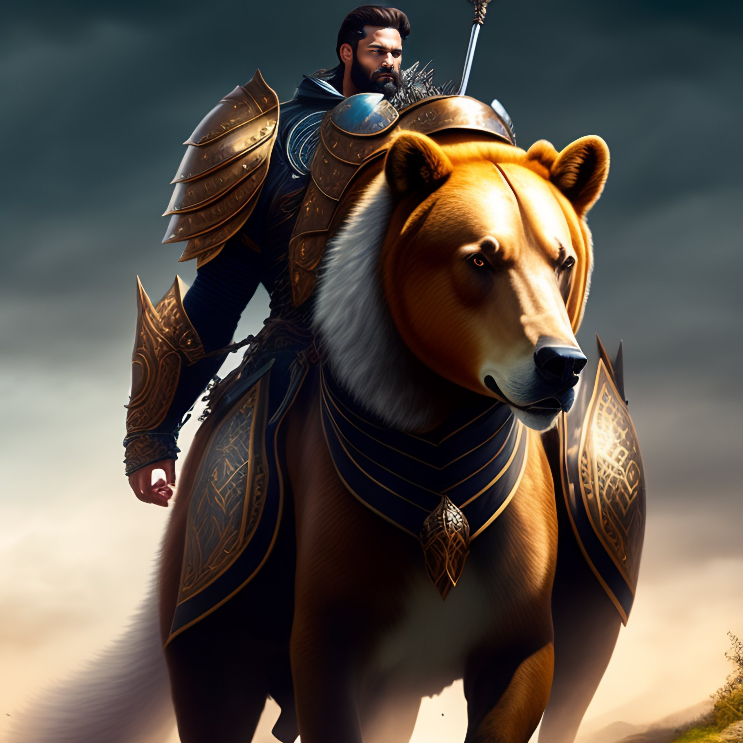 Lexica - A man riding a armor bear, fantasy, hd, realistic, detailed